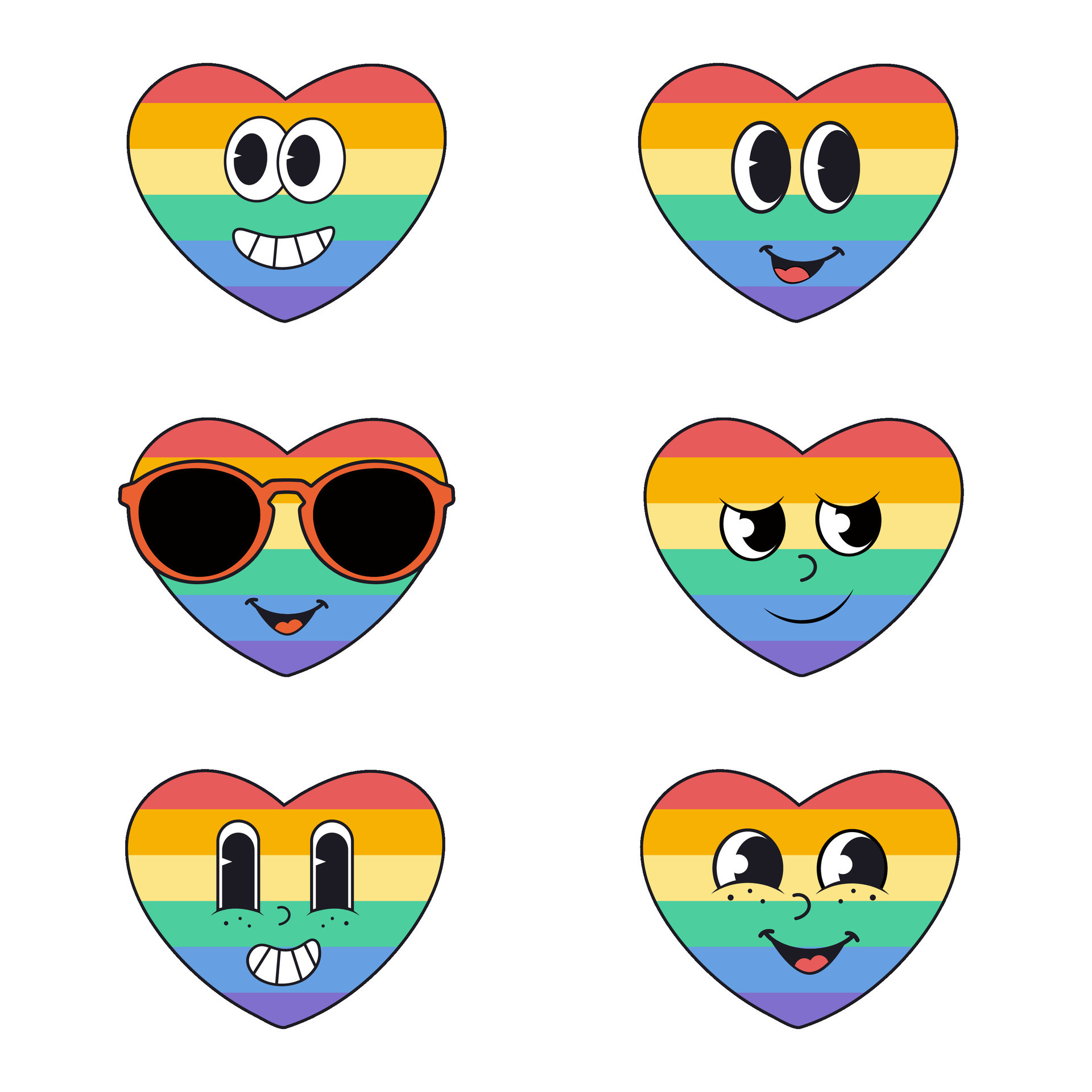 Retro Groovy Rainbow Heart Sticker Pack Lgbtq Community Pride Symbol