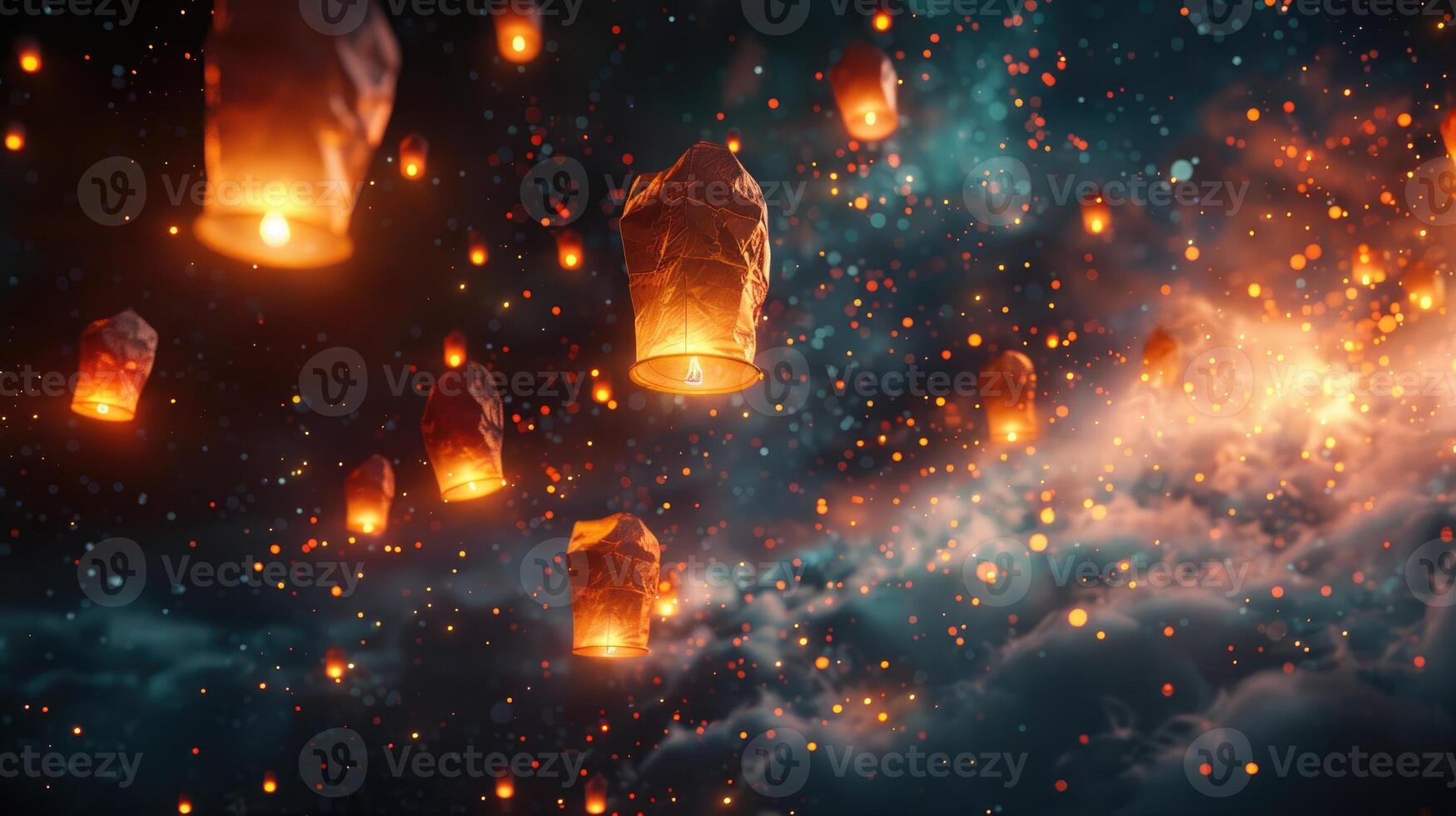 Enchanting scene of numerous sky lanterns rising into a dusk sky ...