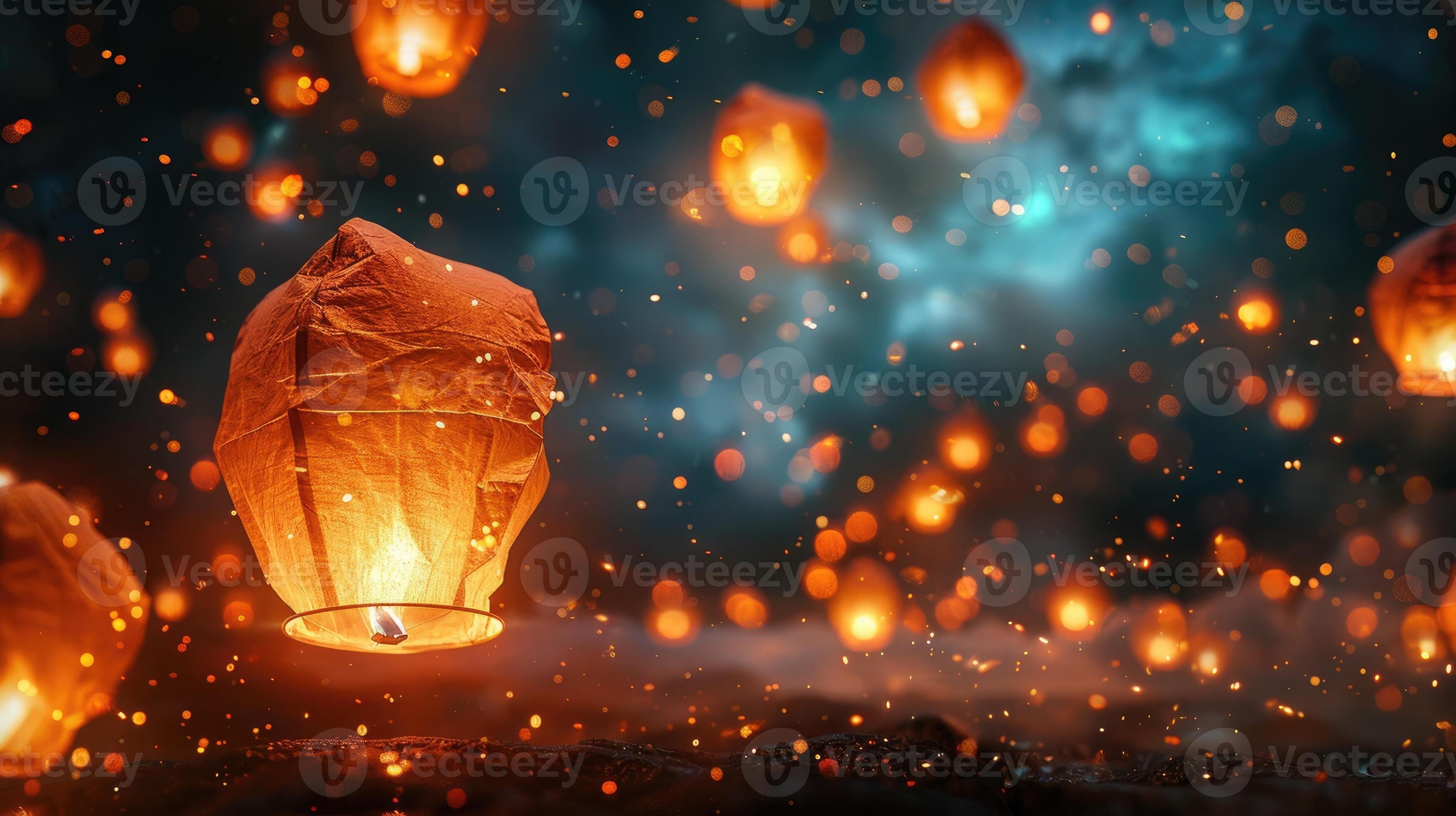 Enchanting scene of numerous sky lanterns rising into a dusk sky ...