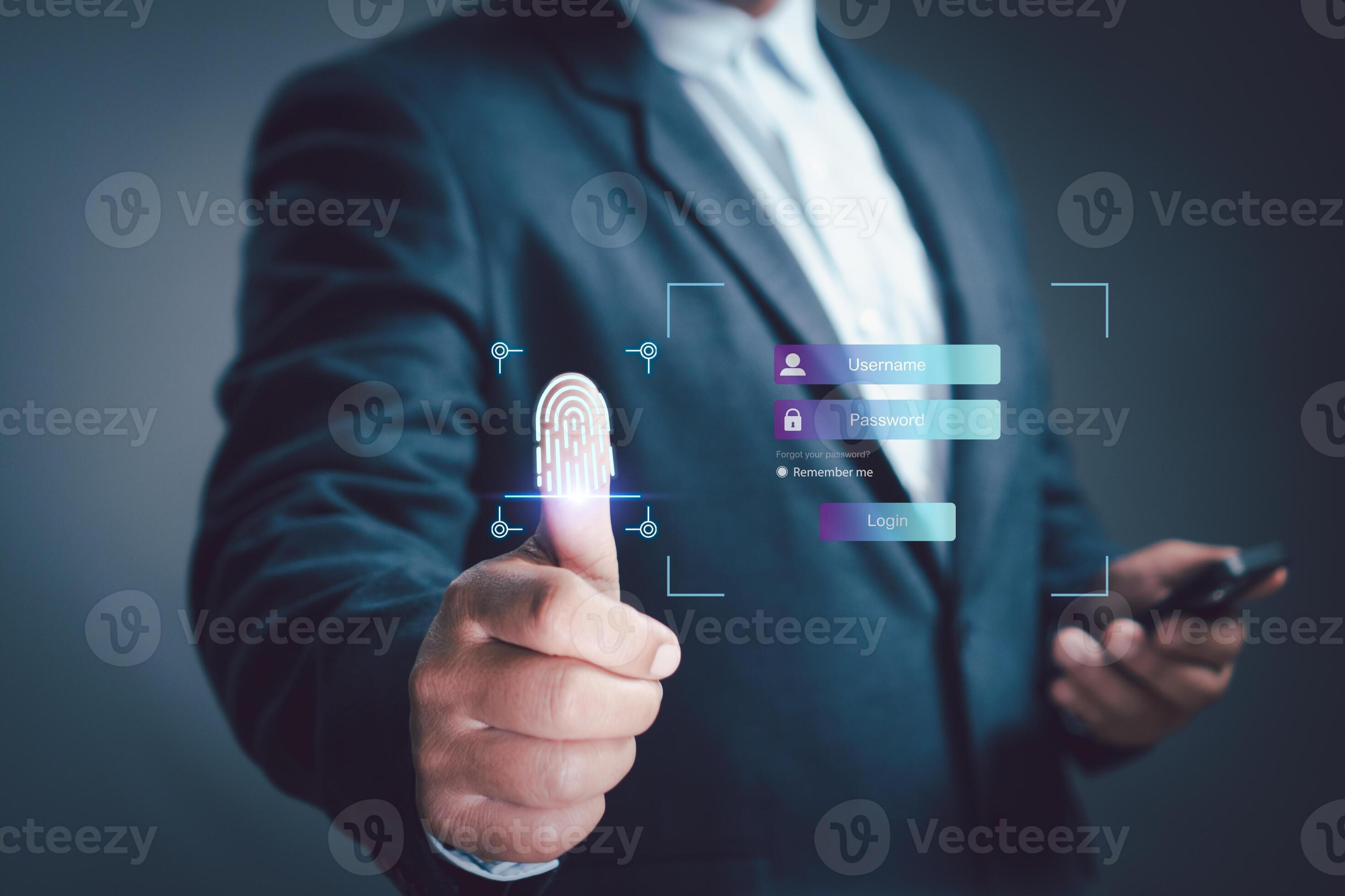 Concept Cyber Security Protection Of Privacy Personal Data Businessman Thumbs Up Fingerprint To