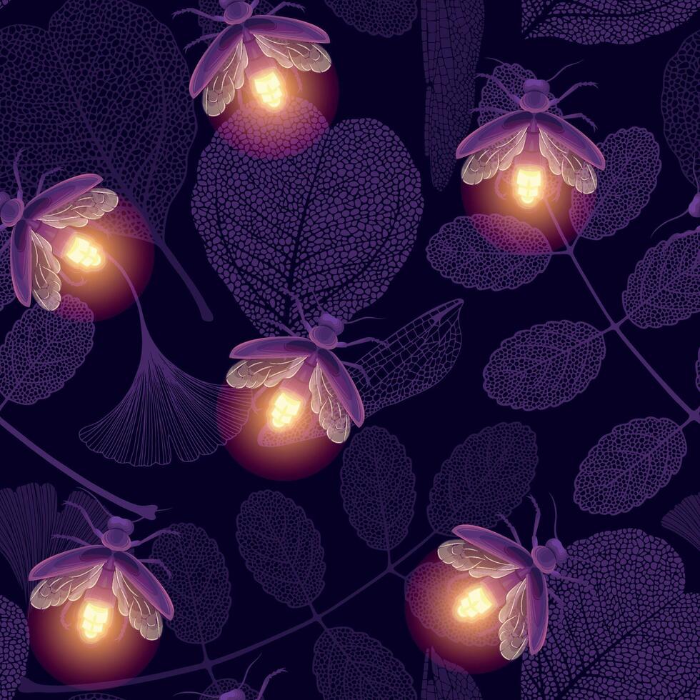 Firefly beetle and skeleton leaves seamless pattern on dark background 42840813 Vector Art at ...