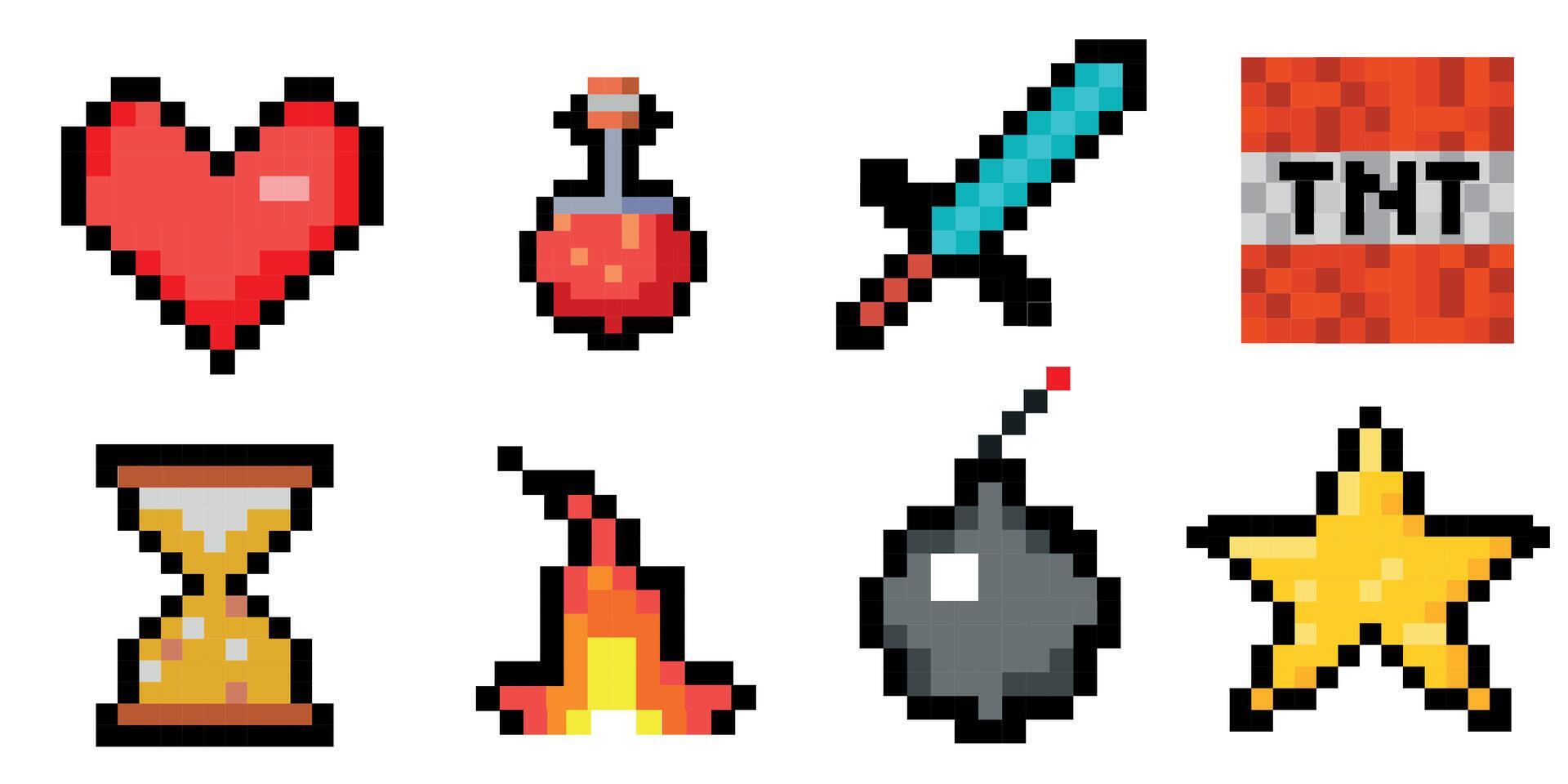 8-bit pixel game graphics set. Potion bottles, fire flame, sword, torch, emerald and heart ...
