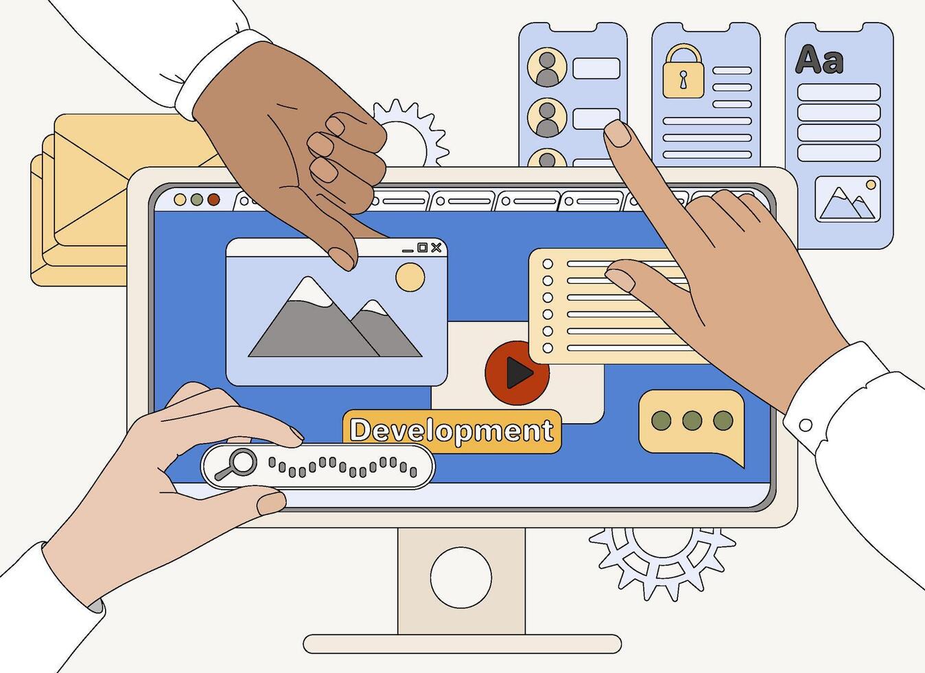 Flat Hands Of Programmers Working On Website Banner Coding Web Page Or Mobile App Team Of