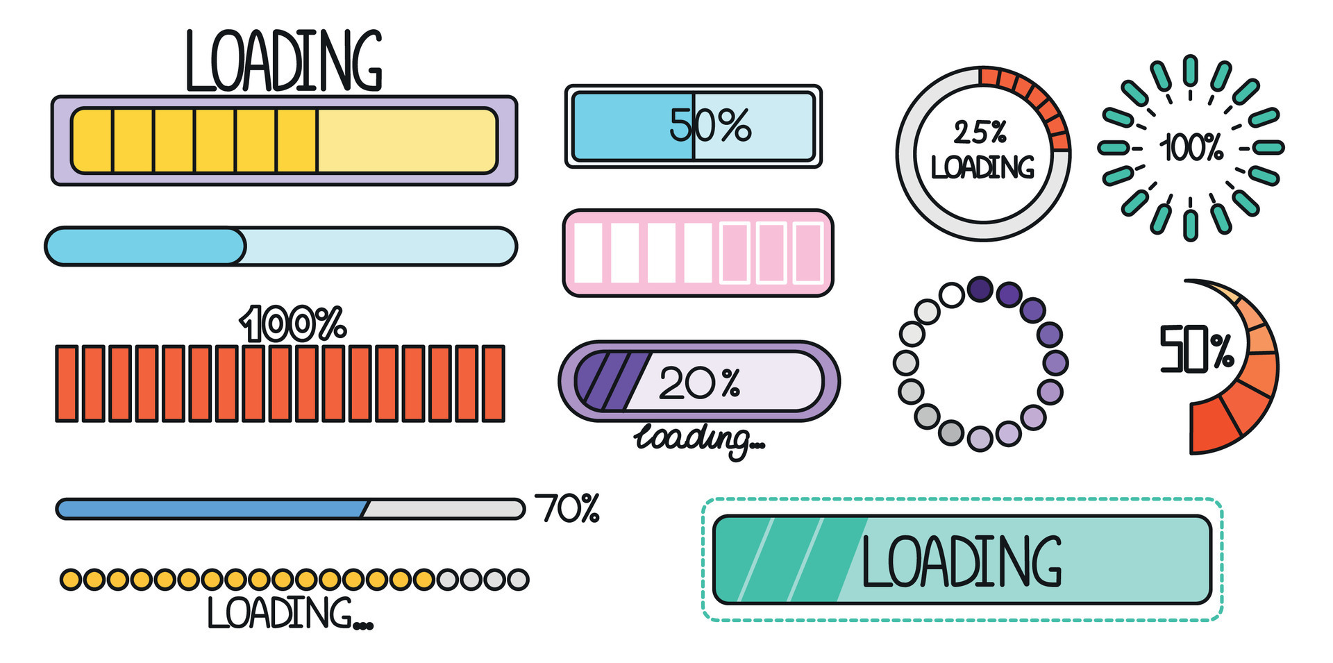 Loading progress bar icons in doodle style. Hand drawing loader button and updated progress ...
