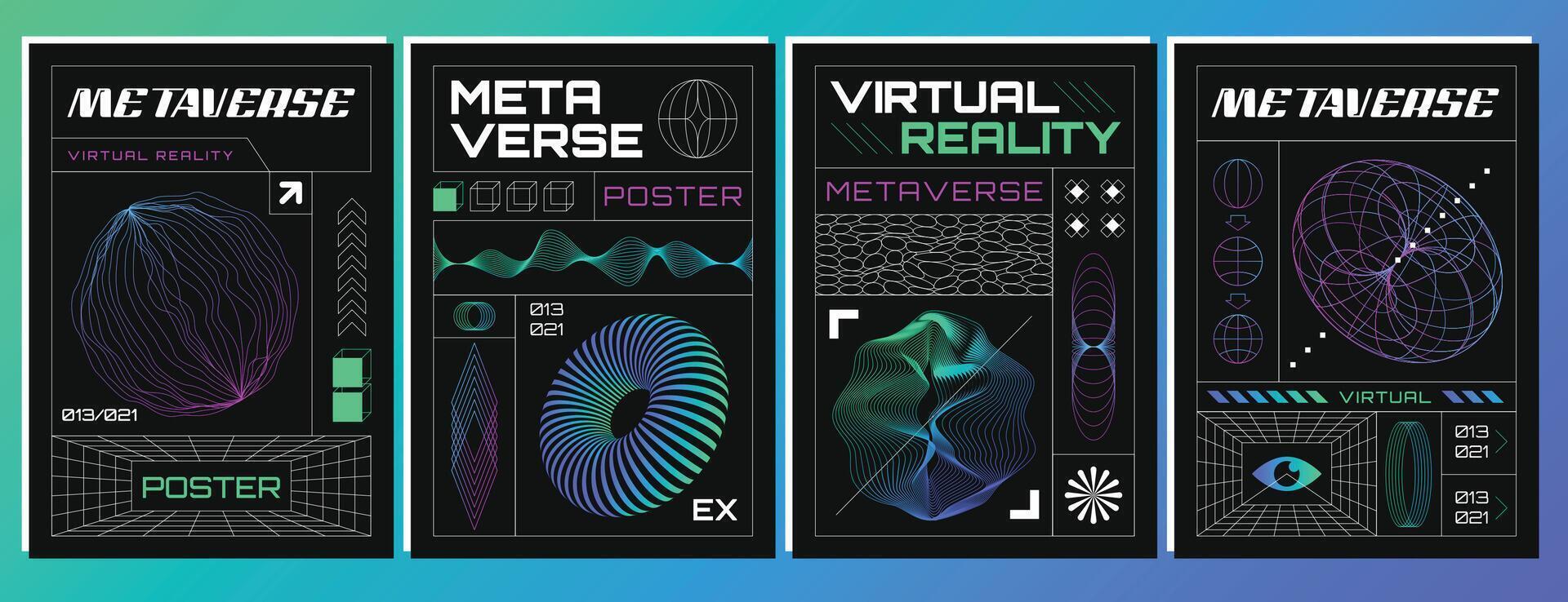 Retrofuturistic Posters Set With Abstract 3d Wireframes Geometry