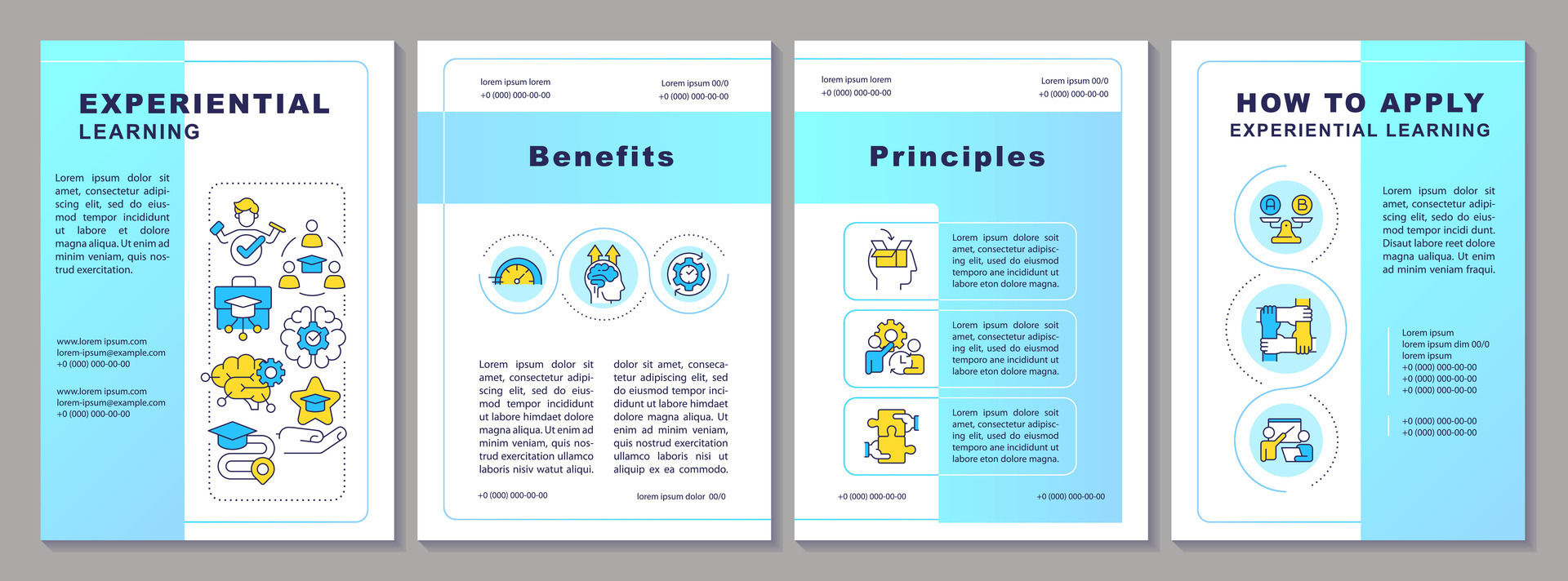 Experiential learning blue brochure template. Basic principles. Leaflet design with linear icons ...