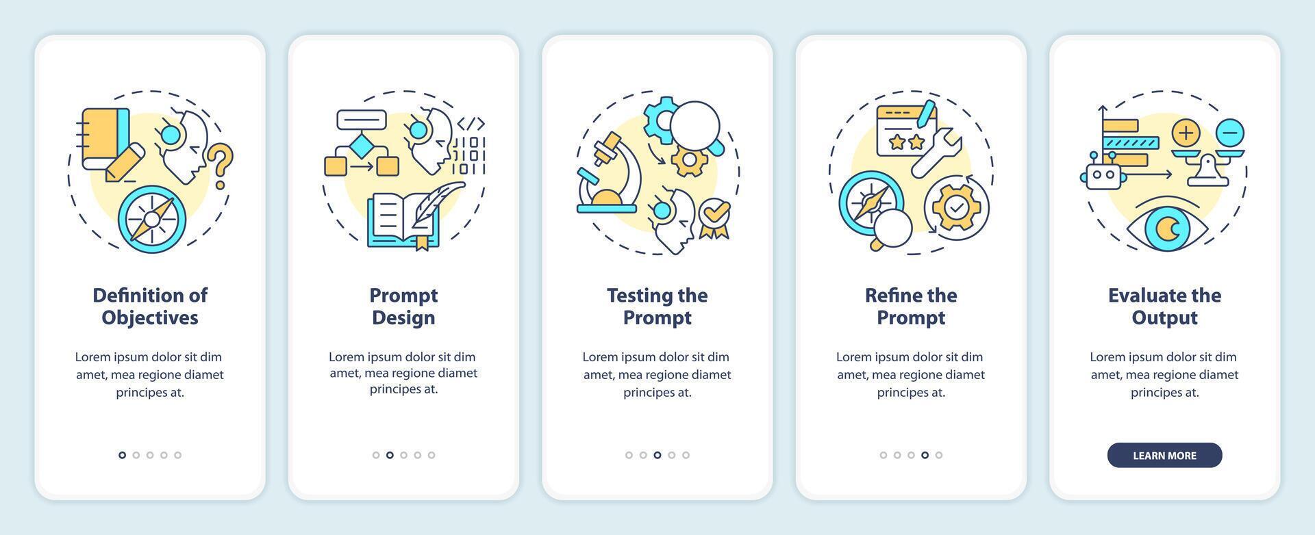 Improve prompt engineering process onboarding mobile app screen. Walkthrough 5 steps editable ...