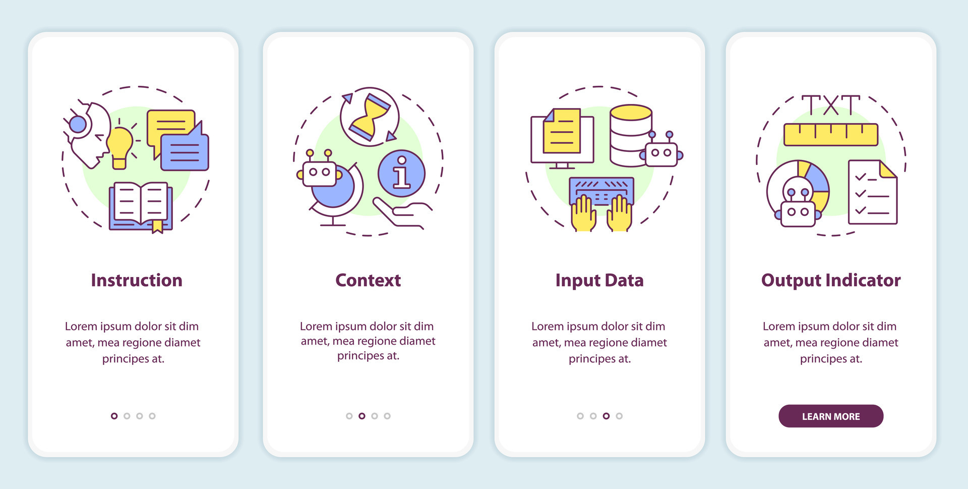 Prompt key elements onboarding mobile app screen. Walkthrough 4 steps ...