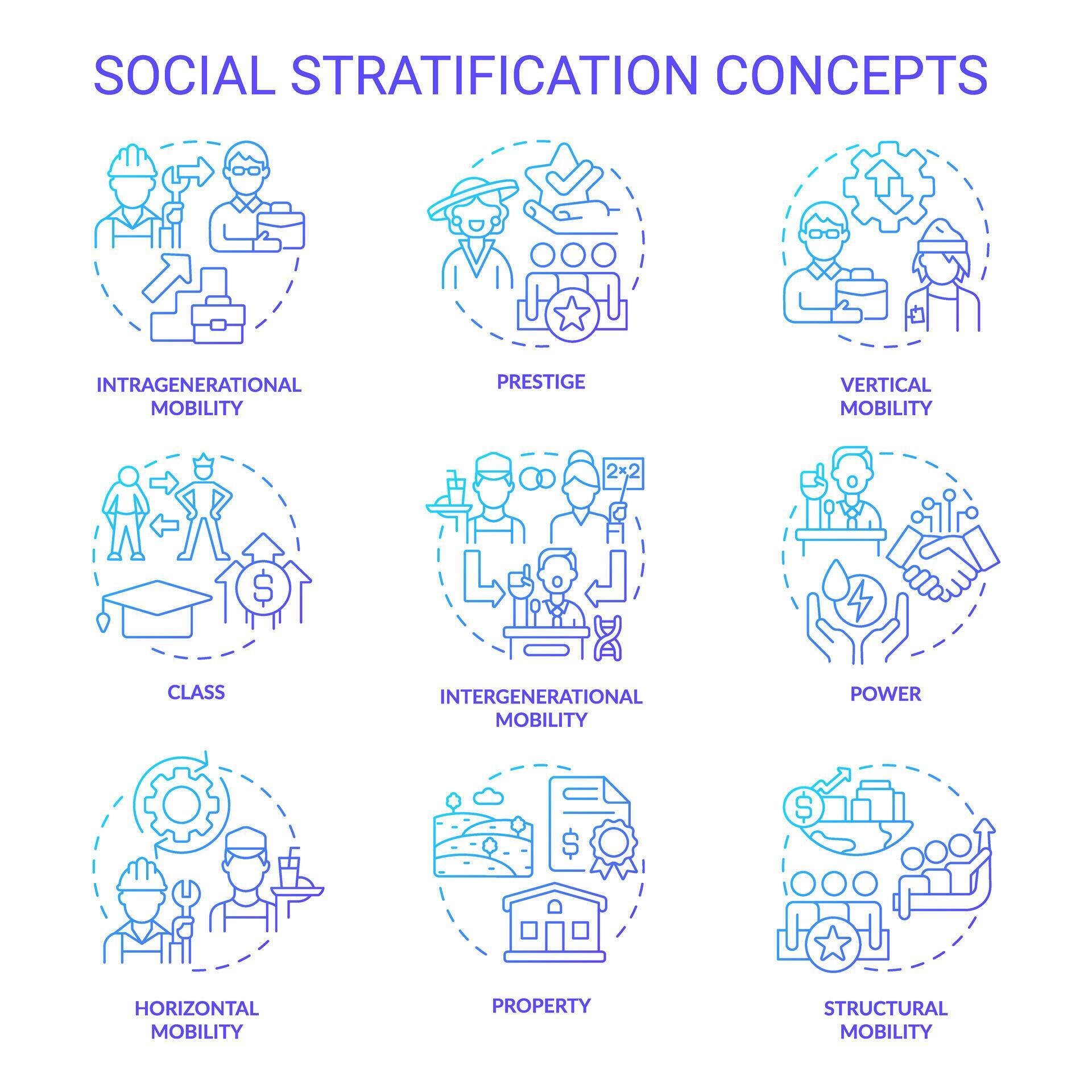 Social stratification and mobility blue gradient concept icons ...
