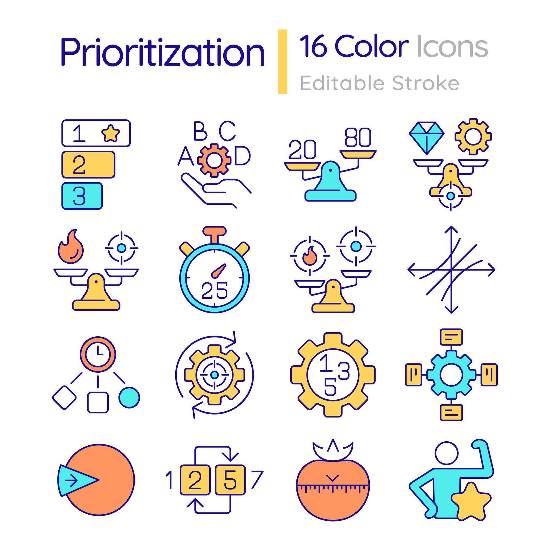 Prioritization methods RGB color icons set. Time management, process ...