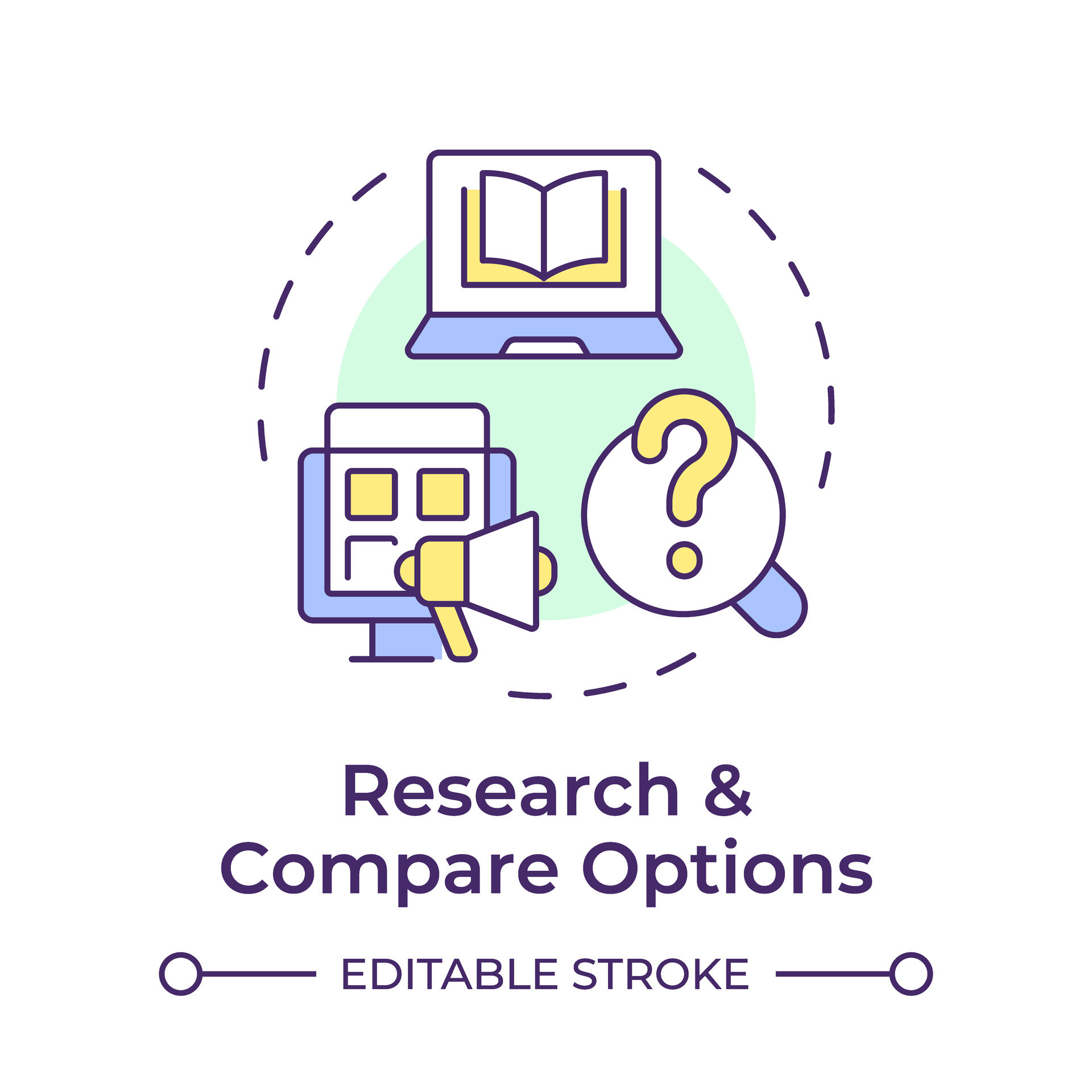 Research and compare options multi color concept icon. Library management systems. Round shape ...