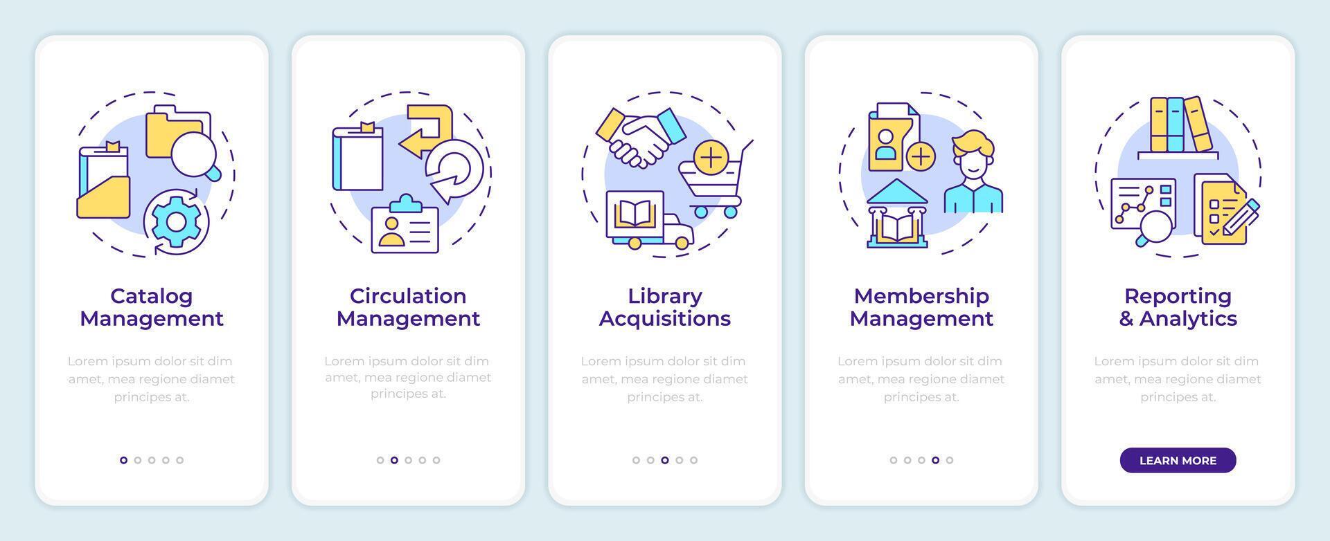 Library management software onboarding mobile app screen. Walkthrough 5 ...
