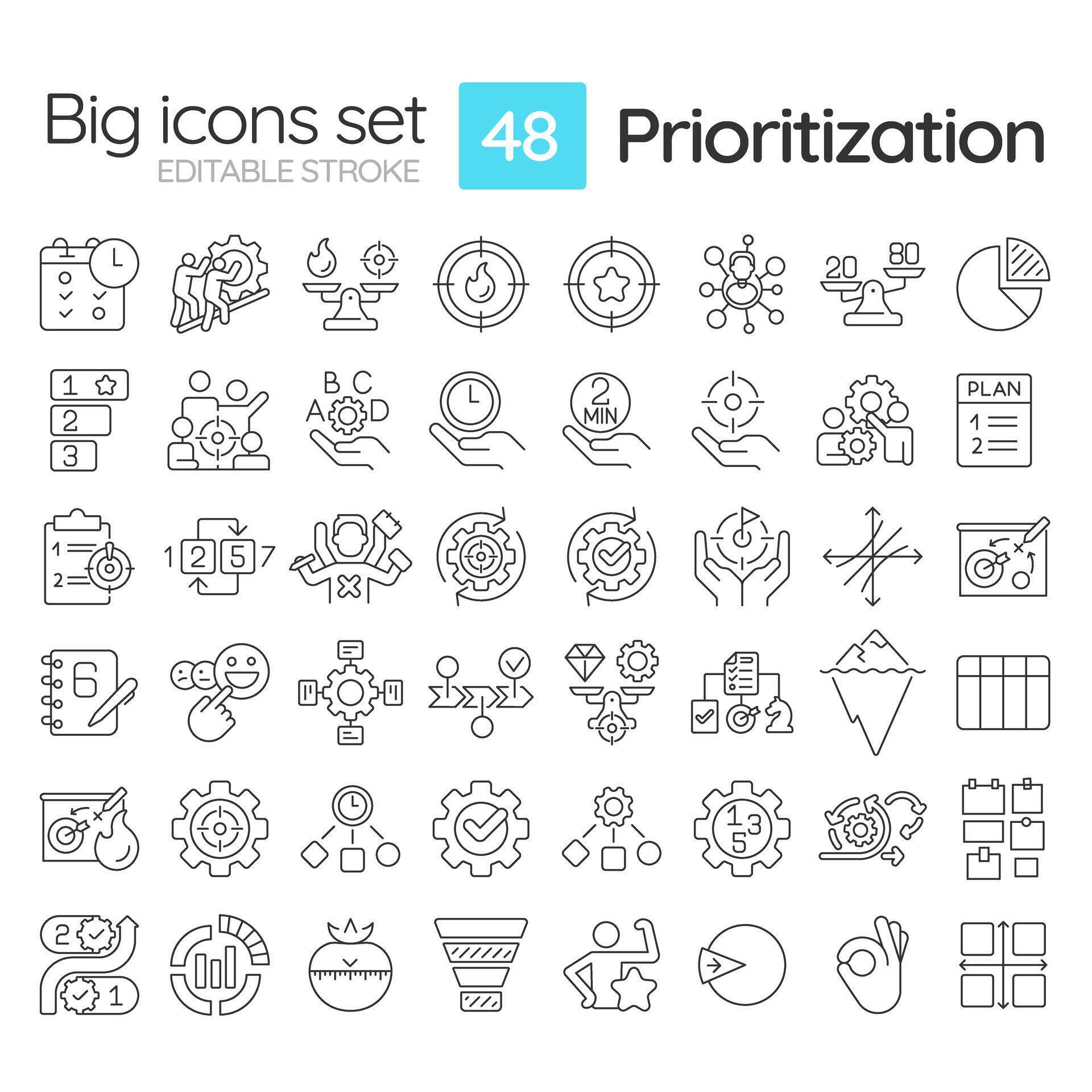 Prioritization linear icons set. Time management. Task organization. Pareto principle, process ...