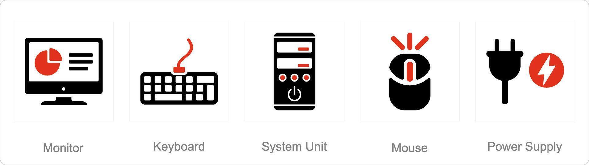 A set of 5 computer parts icons as monitor, keyboard, system unit ...