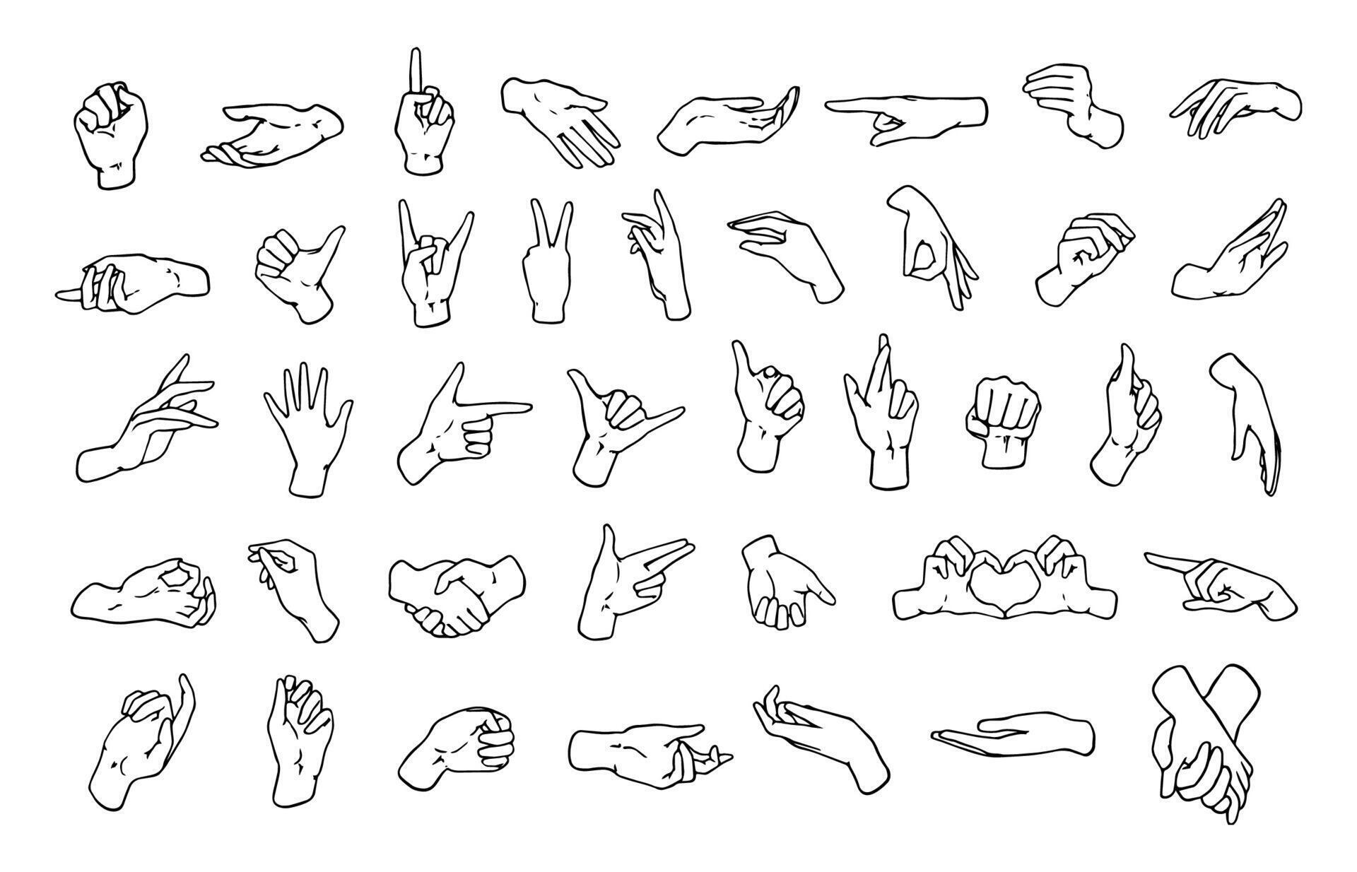 Set of various hand gestures, symbols shown with palm and fingers drawn with black contour lines ...