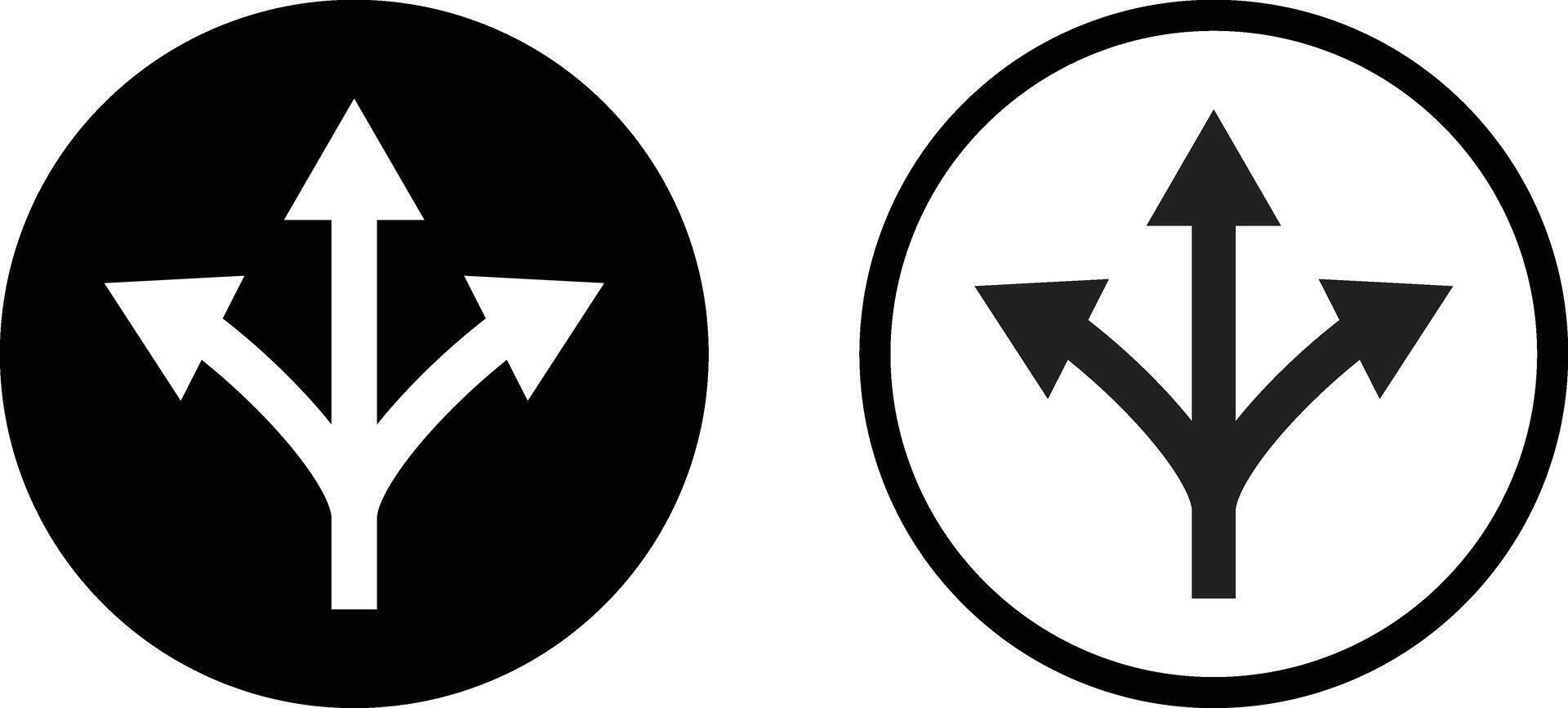 Three way arrow icon set in two styles isolated on white background . Three way direction arrow ...