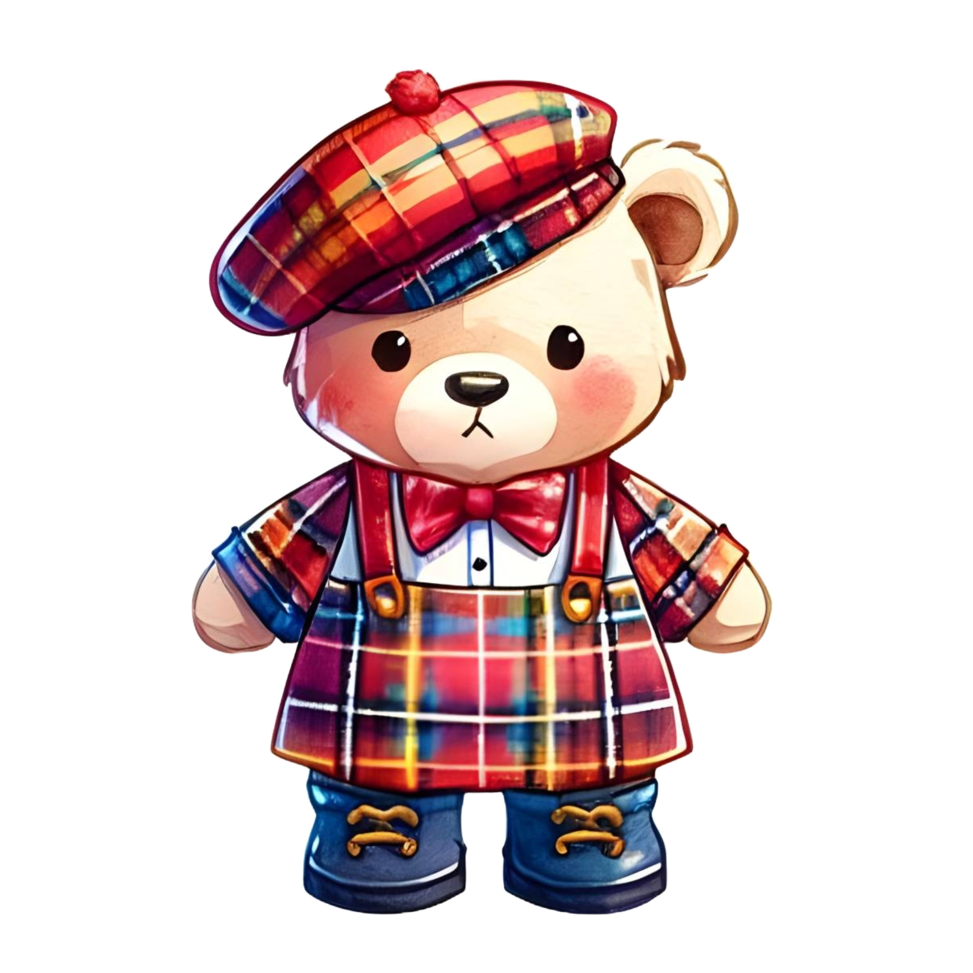 Adorable Teddy Bear In Vibrant Color Checkered Pattern Clothes Concept