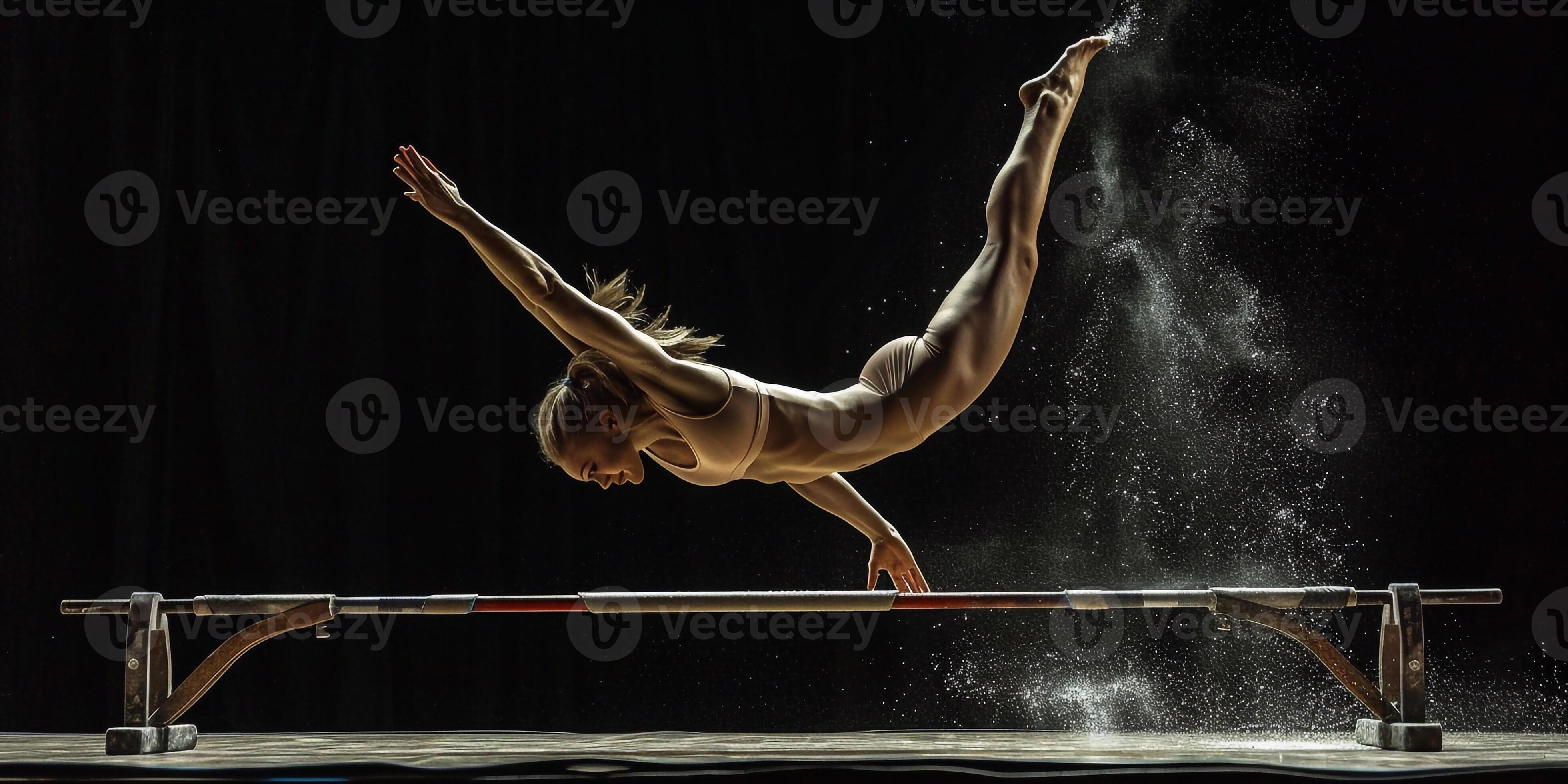 AI Generated The beautiful little girl is engaged in sports gymnastics at gym. The performance ...