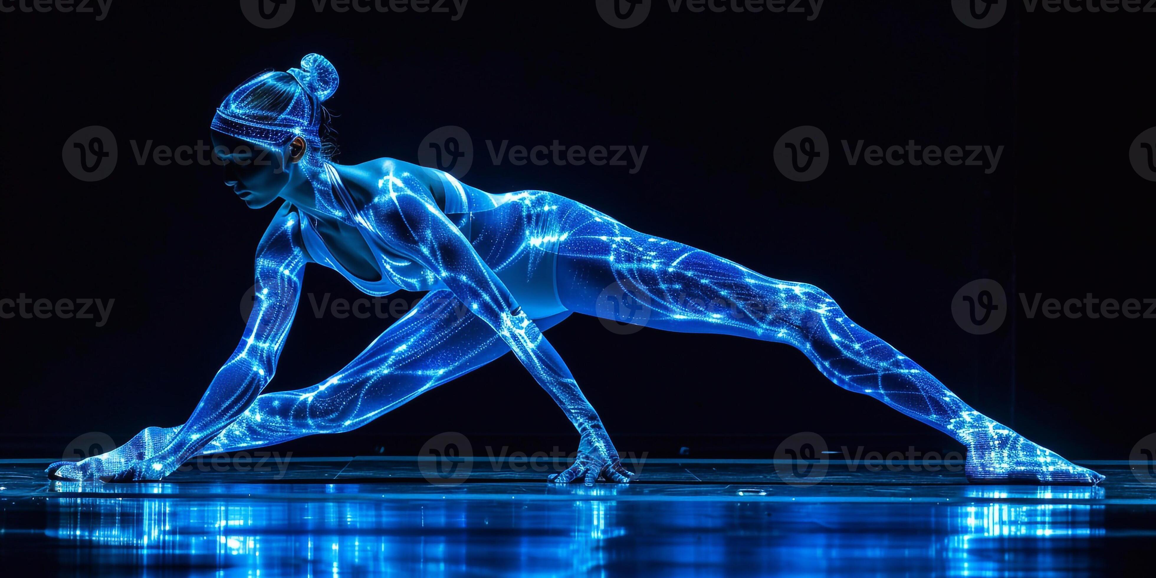 ai generado joven hermosa hembra deportivo bailarín en negro medias ejecutando moderno estilo ...