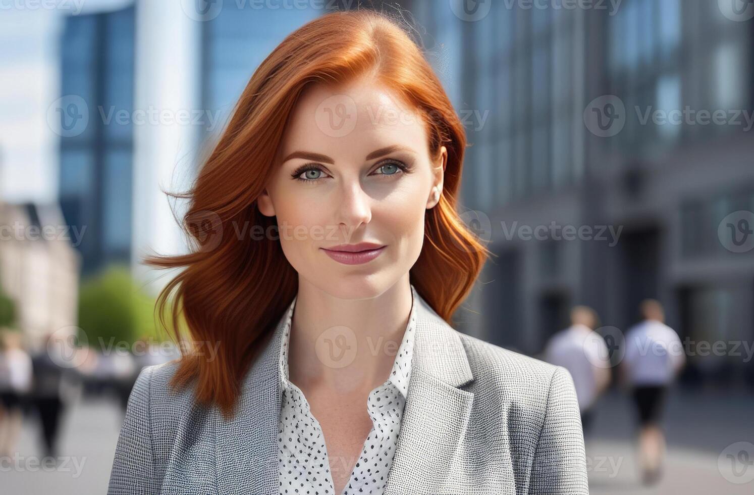 Ai Generated Portrait Of Stylish 30 Yo Redhead Woman In Office Attire Big City Street Sunny