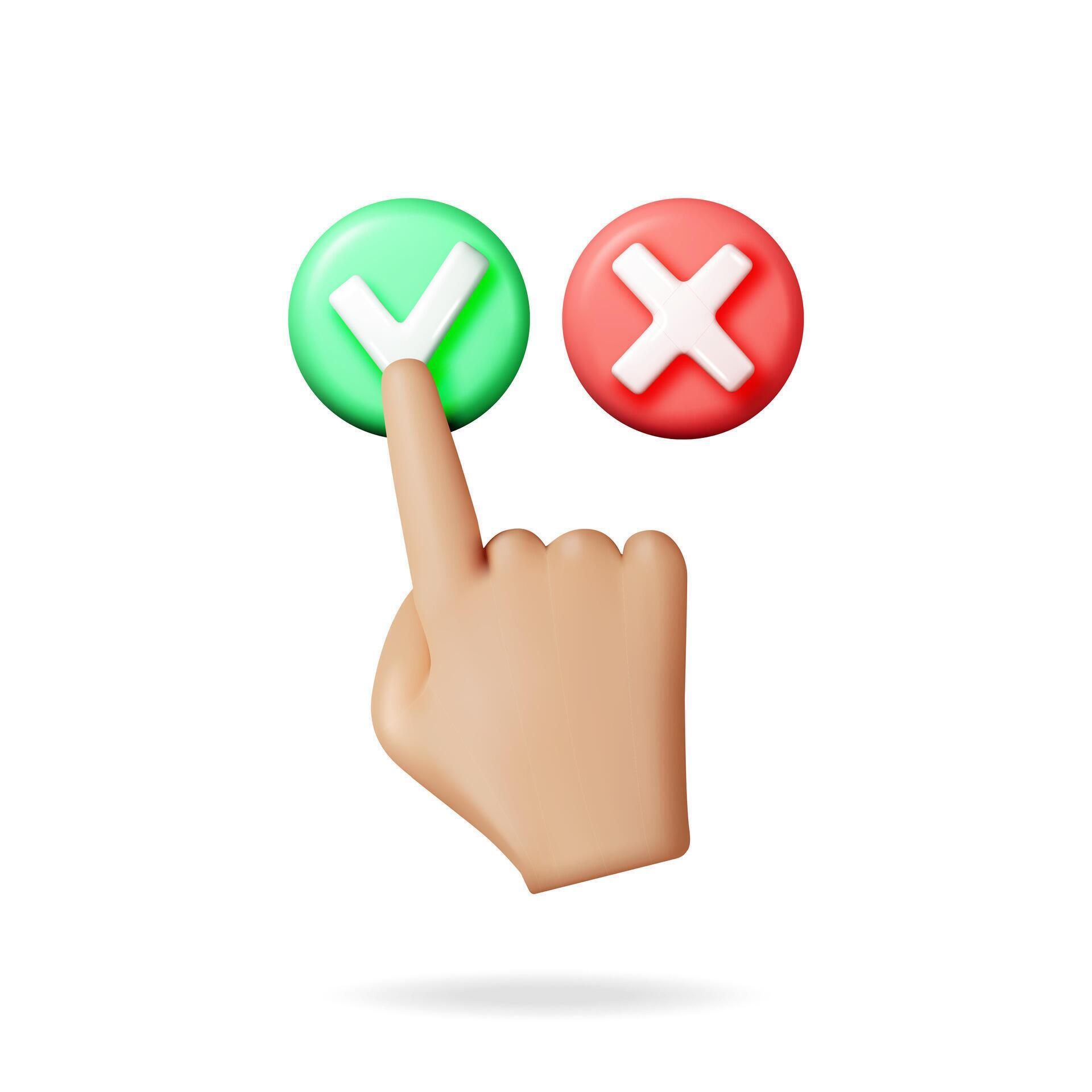 3D right and wrong button shape and hand. Green yes and red no correct incorrect sign. Checkmark ...