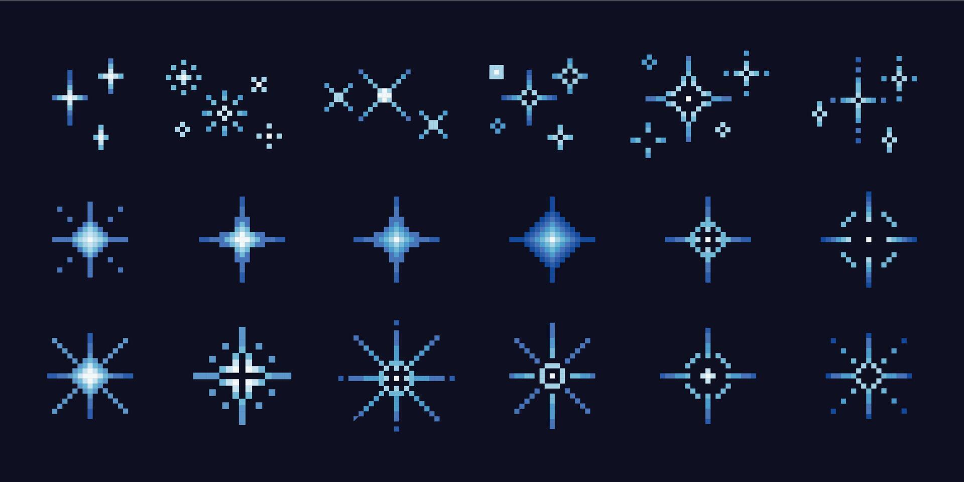 Pixel blue stars. 8-bit game sparkle magic pixelated elements for background night sky. Comic ...