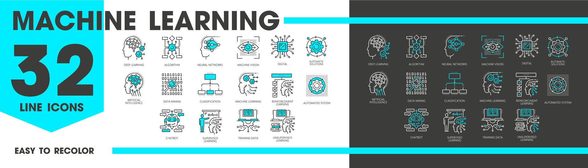 Machine Learning Line Icons Ai Robot Brain 43019340 Vector Art At Vecteezy