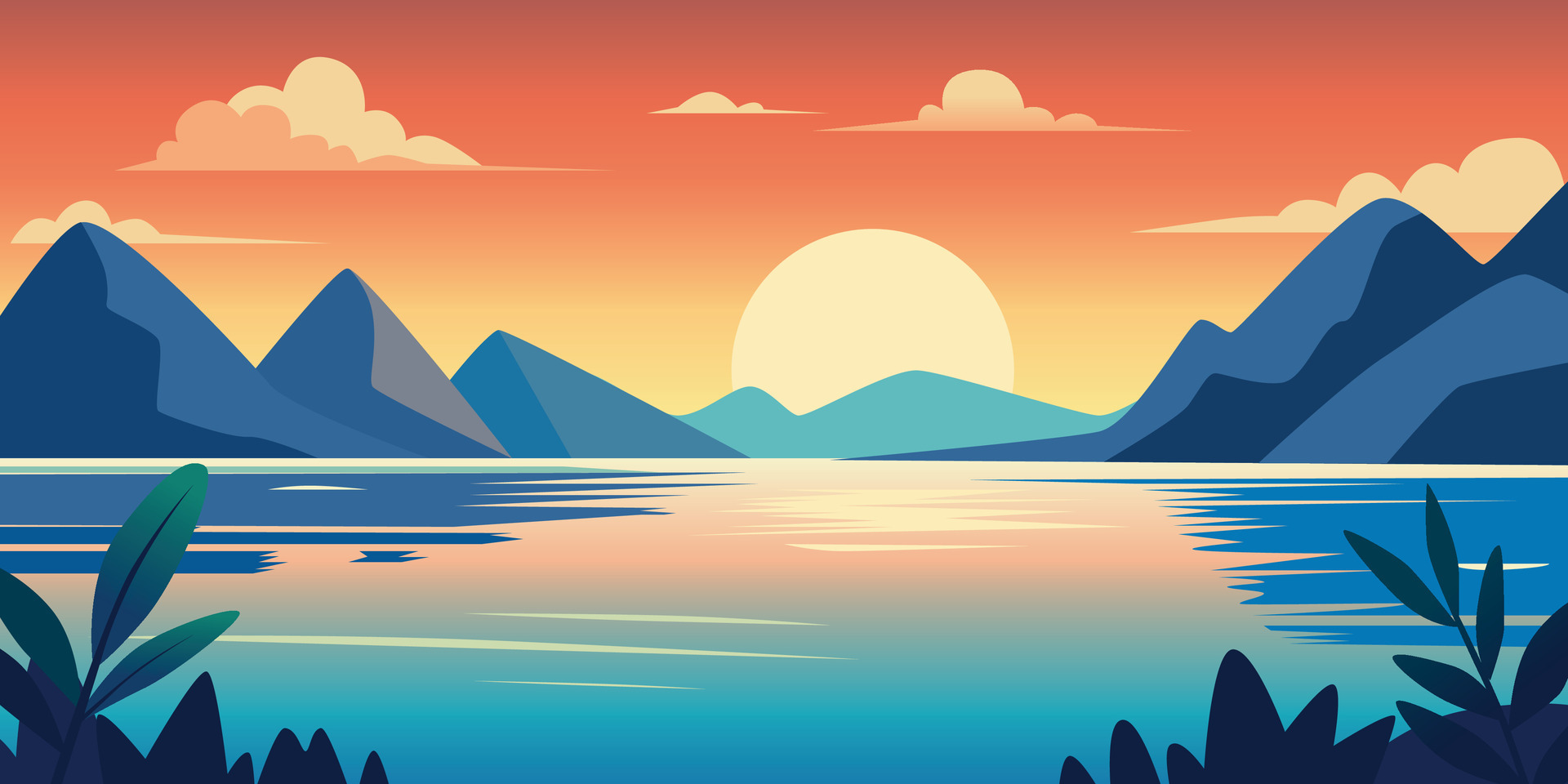 illustration of a sunset on a lake between the mountains, background for cartoons, s, games and ...