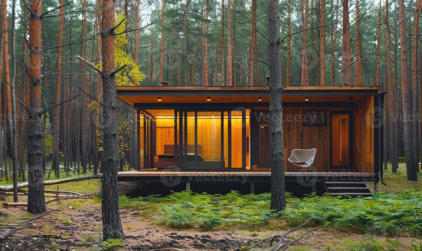 A modern wooden cabin nestled among tall pine trees in the forest ...