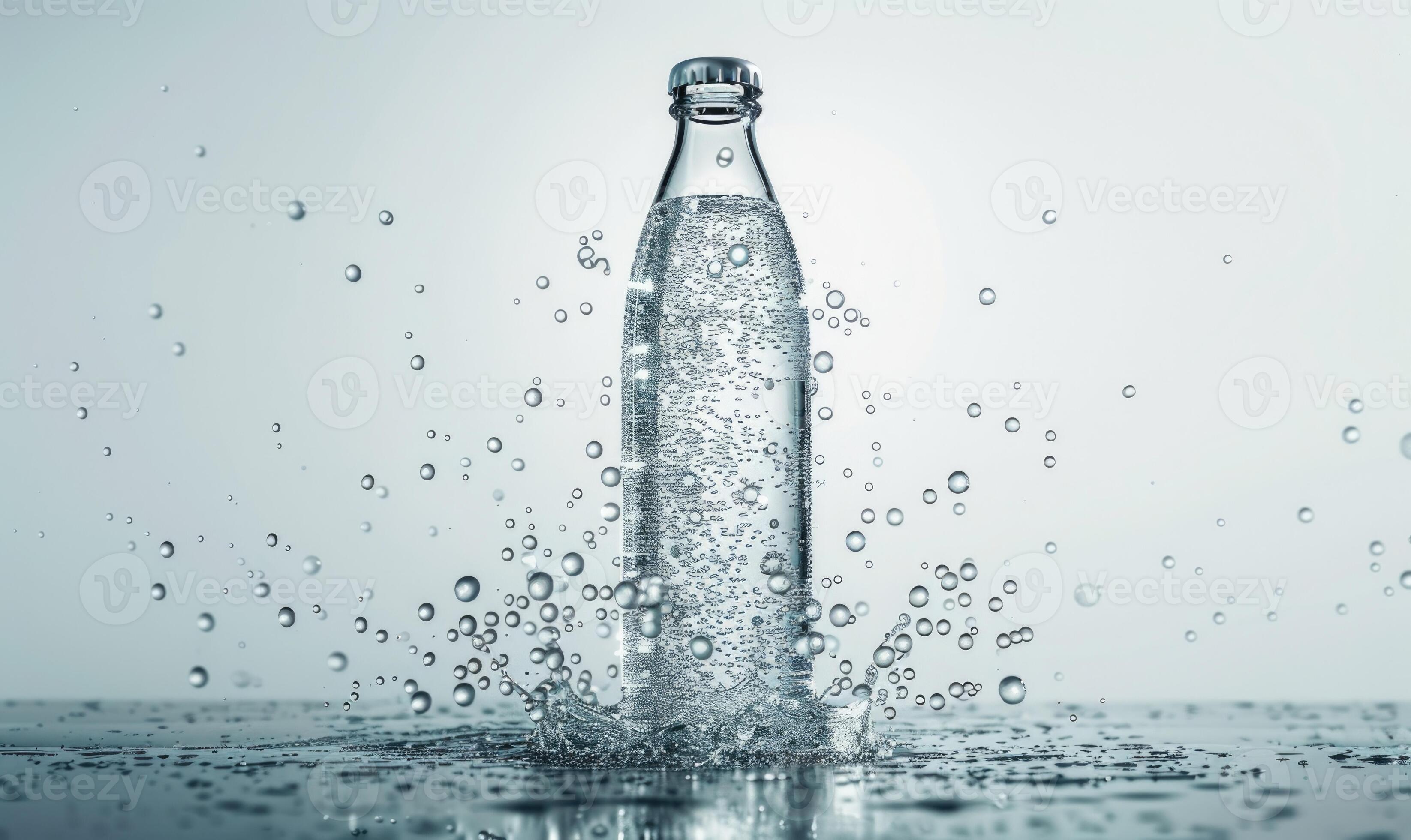 Studio shot of a transparent glass bottle mockup filled with premium quality sparkling water ...