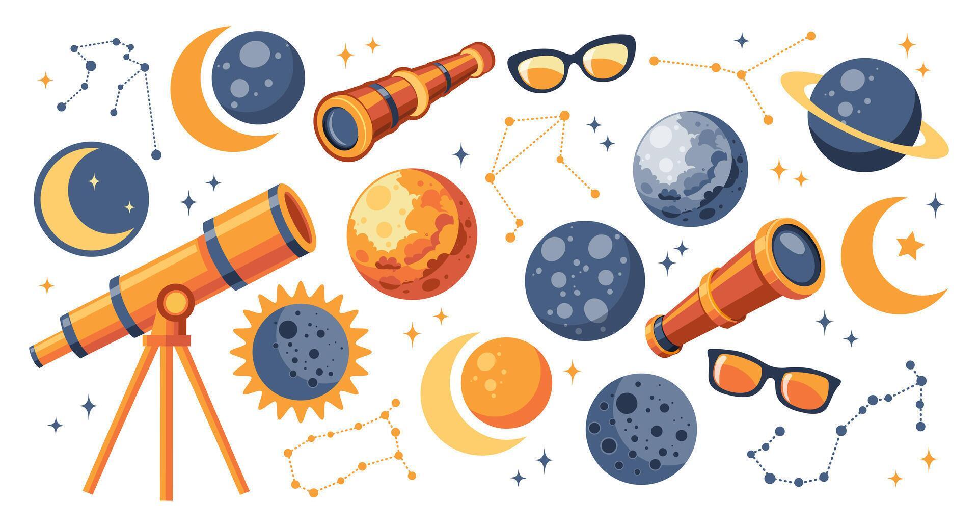 Solar eclipse set. Telescope, spyglass, planets, solar eclipse, moon ...