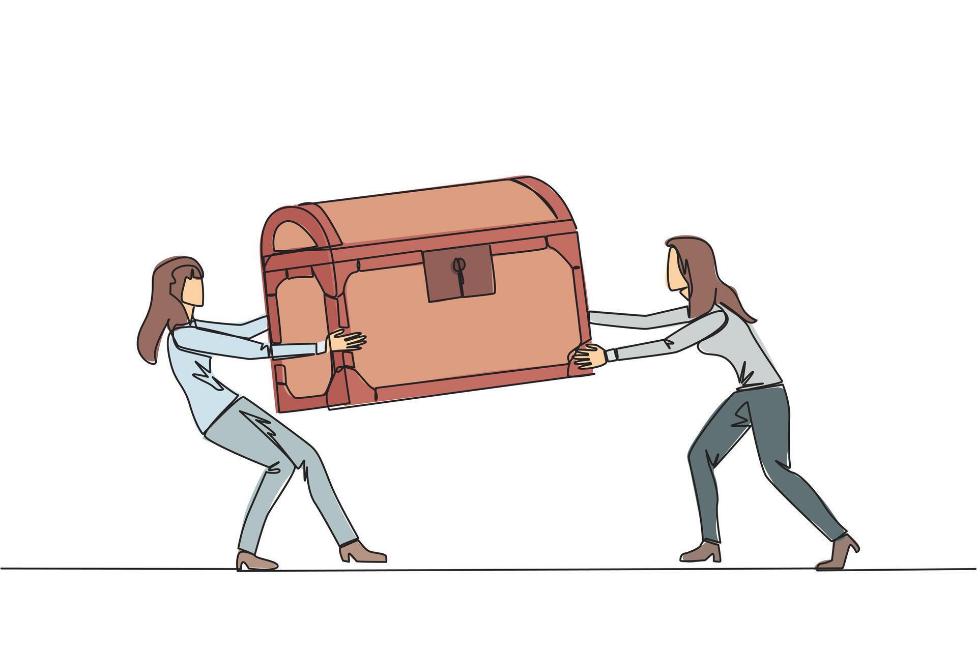 Single continuous line drawing two egoistic businesswoman fighting over treasure chest. Feel ...