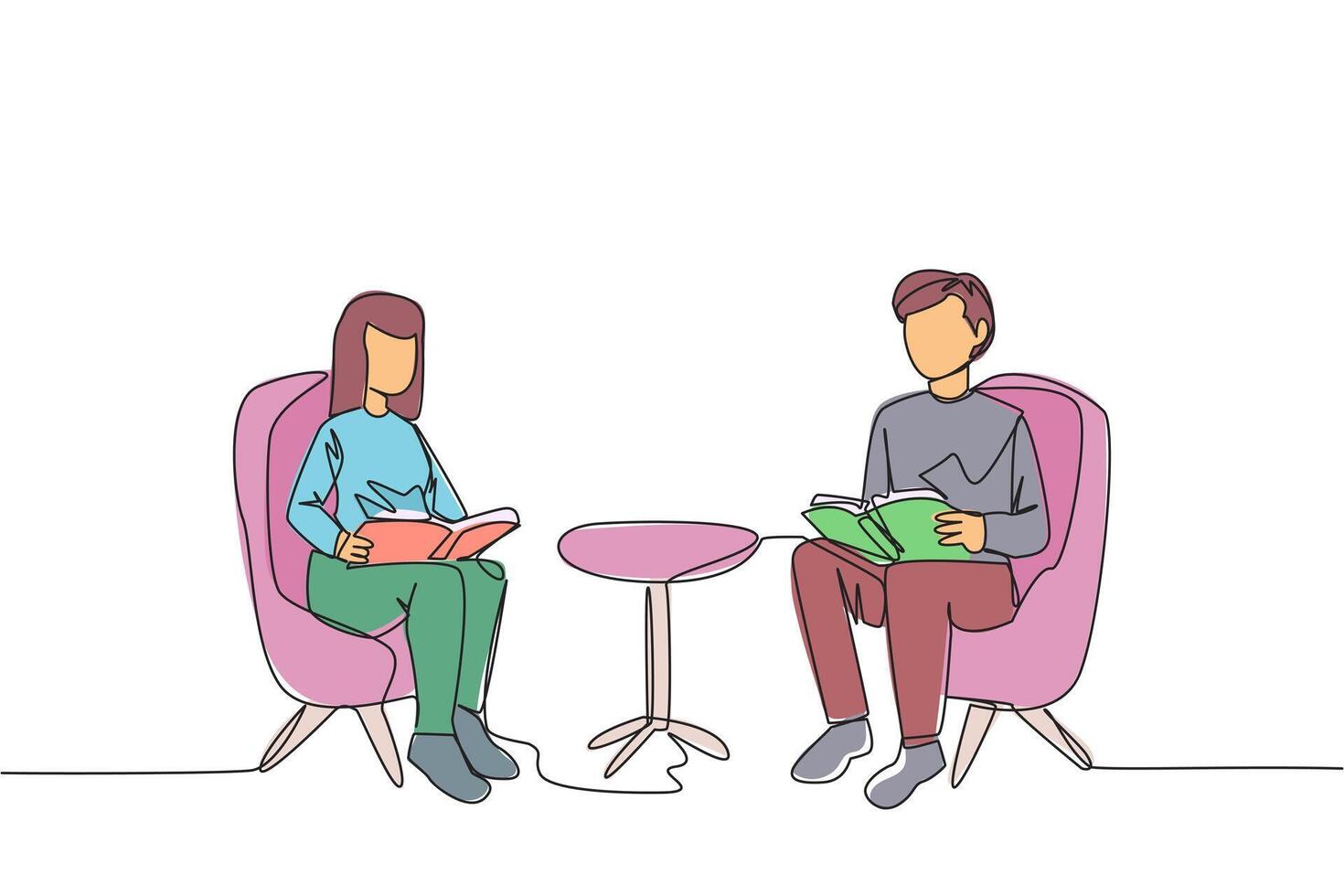 Single One Line Drawing Man Woman Sitting Reading On Sofa Reading Focus In Living Room Fun