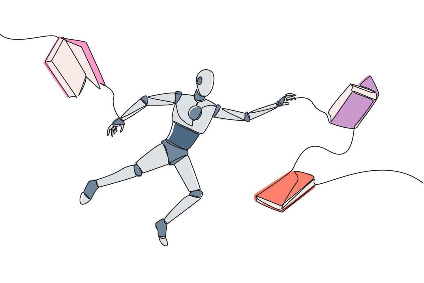 Single continuous line drawing astronaut floating in space trying to pick up books. No gravity ...