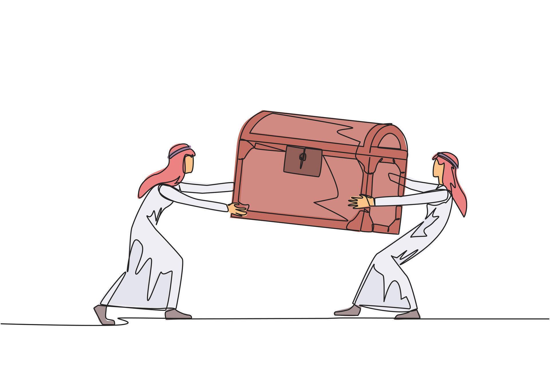 Single one line drawing two egoistic Arabian businessman fighting over treasure chest. Feel most ...