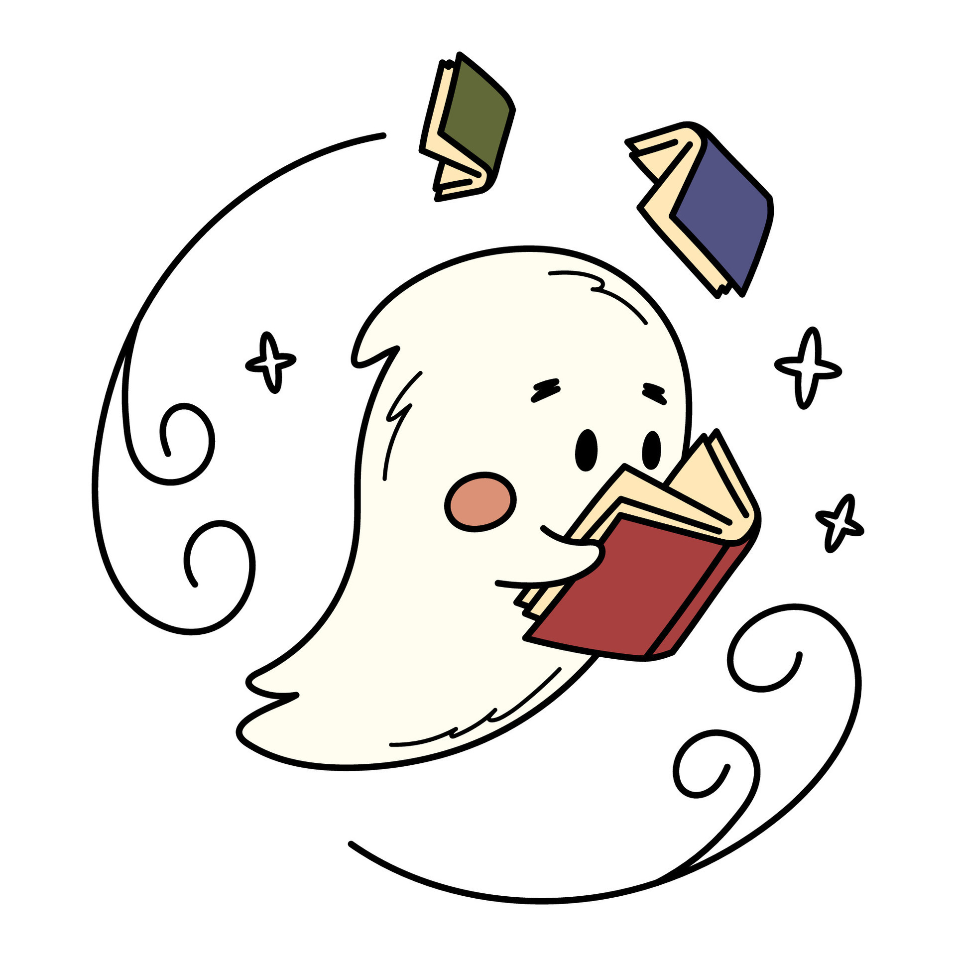 Cute happy ghost with a book. Spooky Halloween hand drawn illustration ...