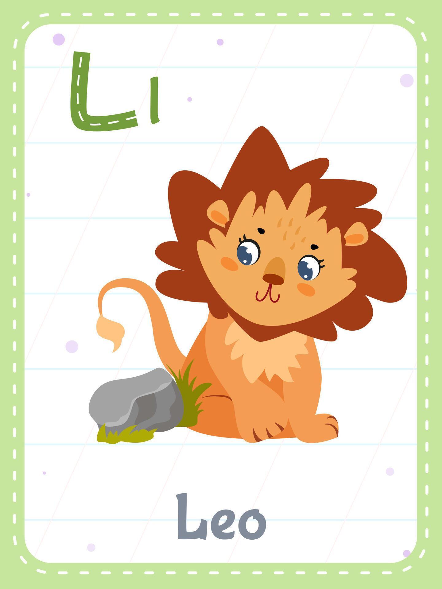 Alphabet printable flashcard with letter L. Cartoon cute lion animal ...