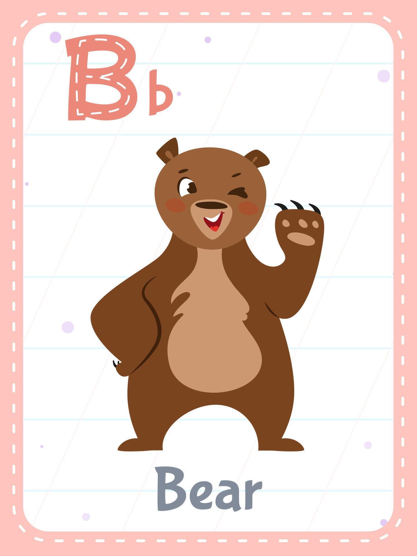 Alphabet printable flashcard with letter B. Cartoon cute bear animal picture and english word on ...
