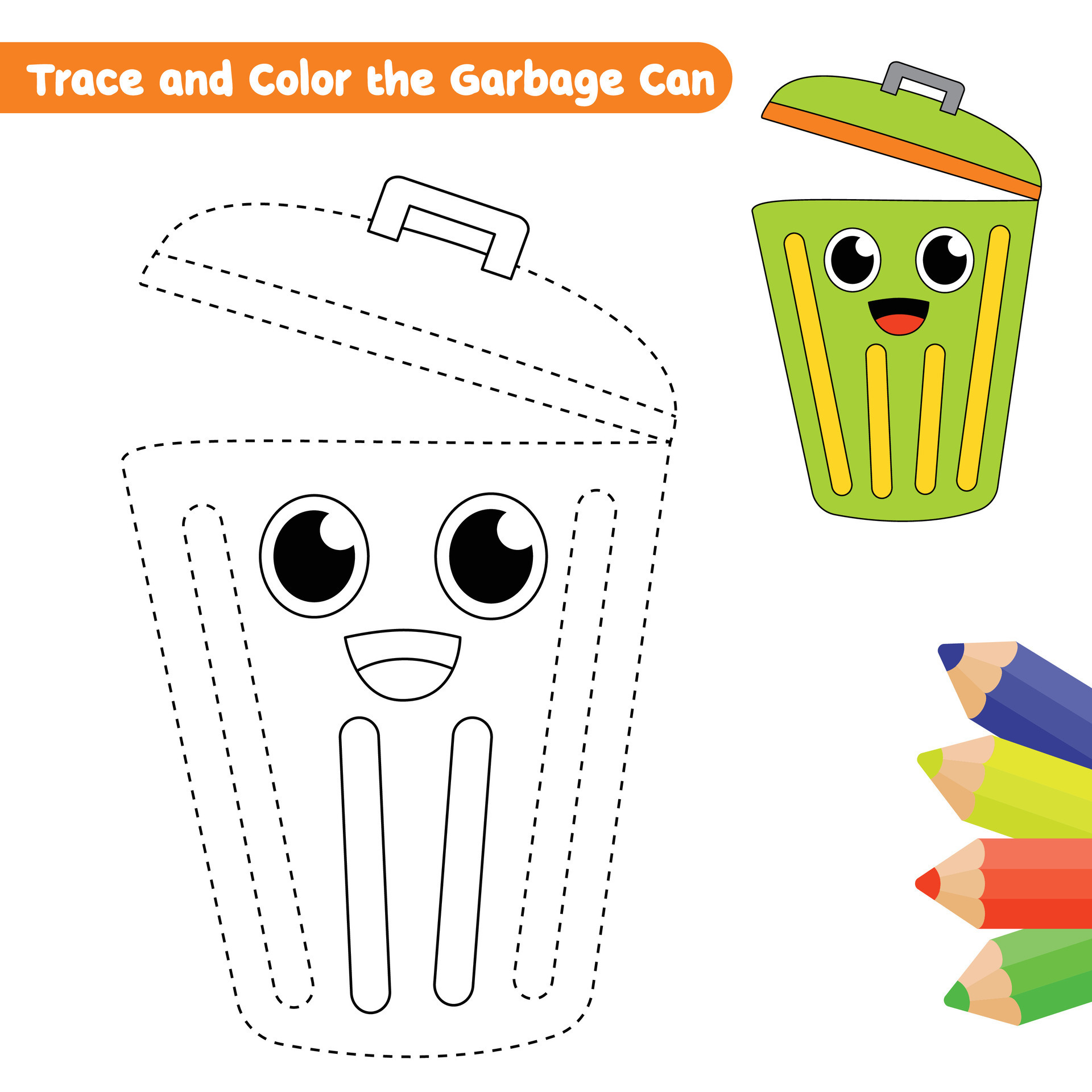 garbage can tracing and coloring page for kids with colorful drawing ...