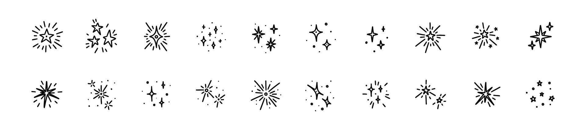 Doodle star icon set. Sparkle glitter elements. Merry Christmas and happy New year decorations ...