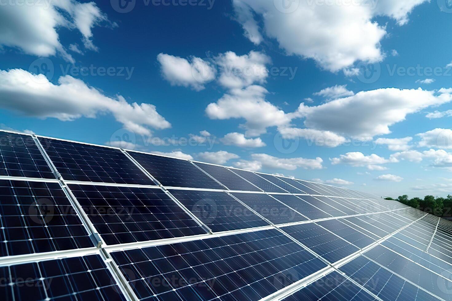 AI generated Harnessing the Power of Sunlight Solar Panels Glistening Against a Backdrop of Blue ...