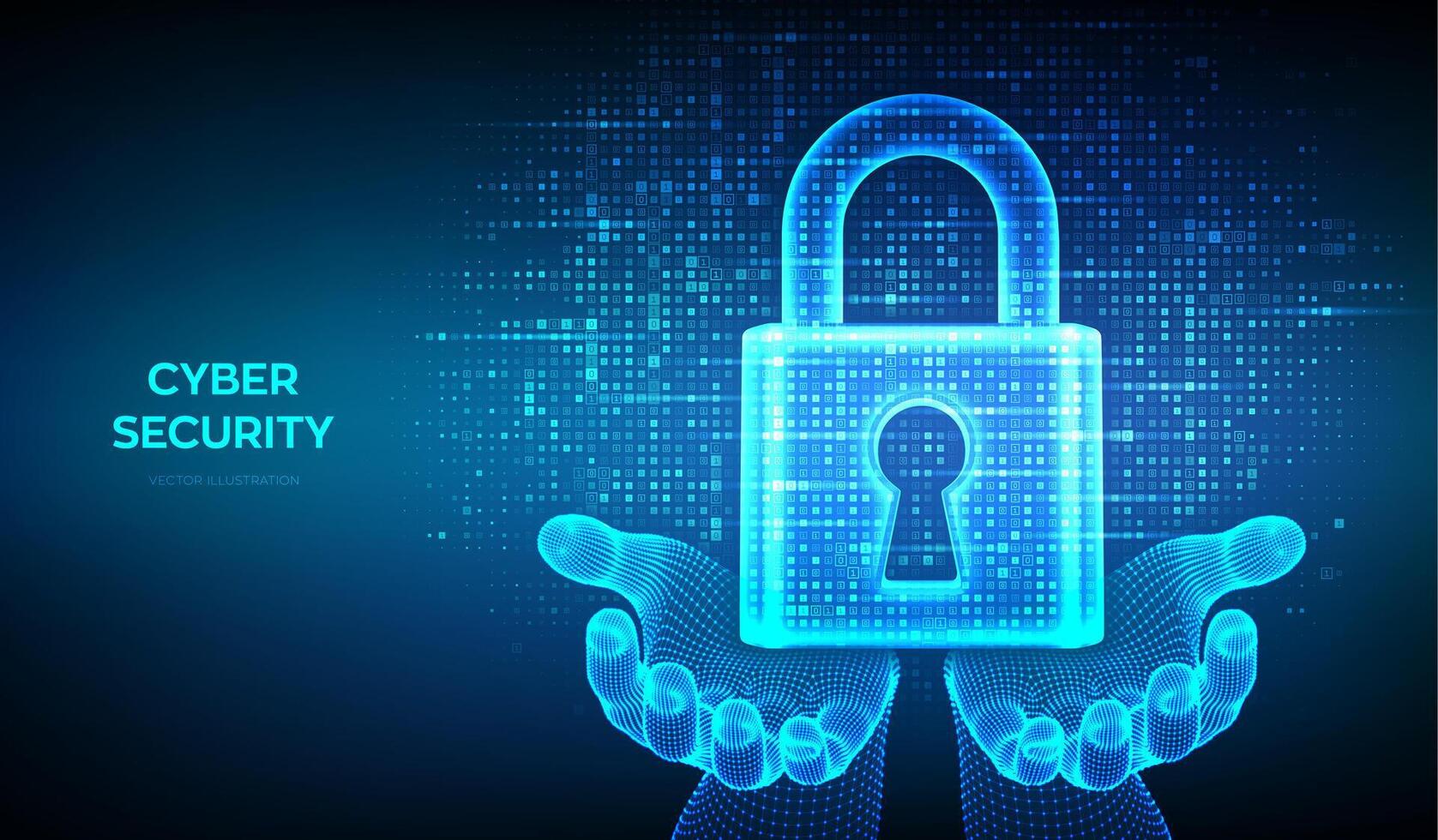 Lock. Cyber security. Padlock with keyhole icon made with binary code in wireframe hands ...