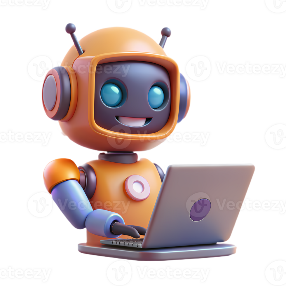 3d robot using laptop, charming digital assistant, friendly AI ...