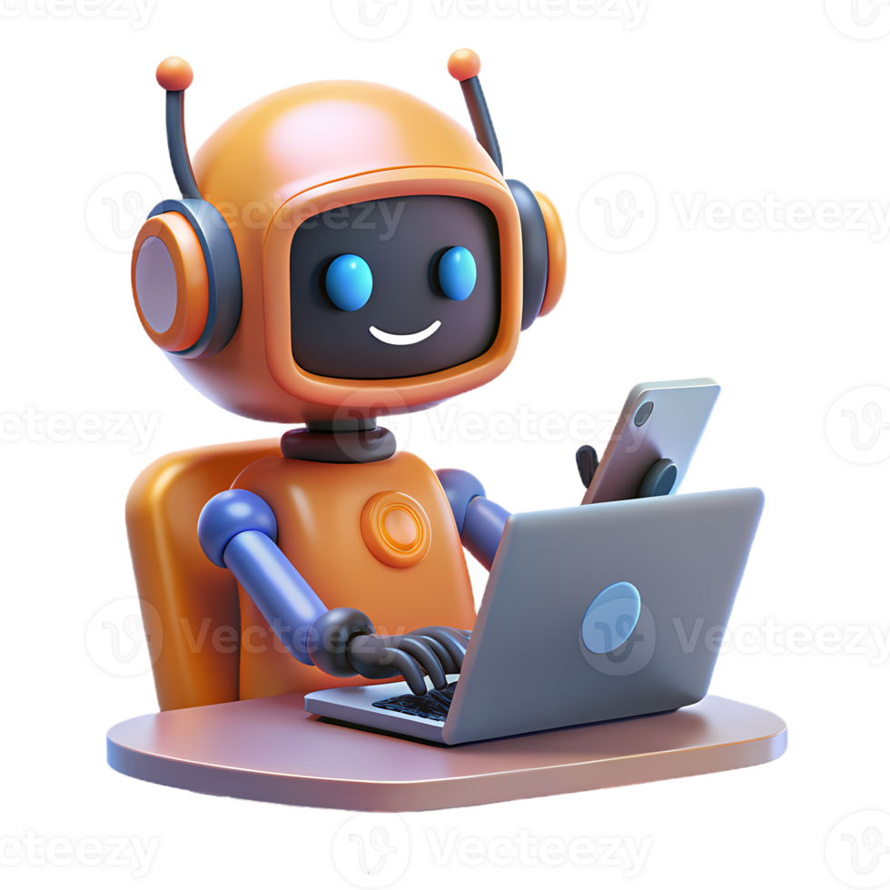 3d robot with gadgets, interactive tech support, engaging digital companion, multitasking ...