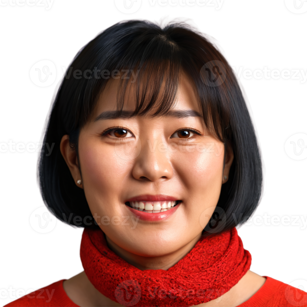 Middle Aged East Asian Woman With Bob Haircut And Red Scarf Adorable Face Pleasing Eyes Essence