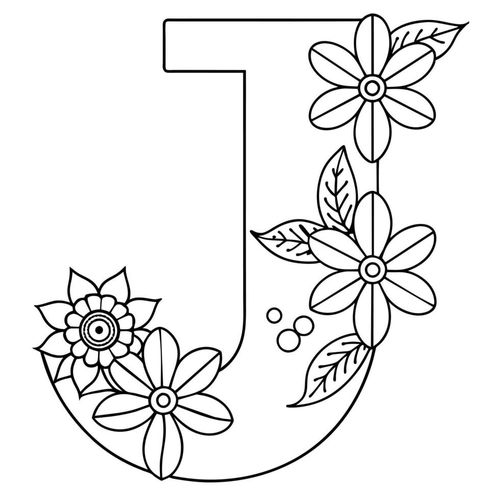 Alphabet J coloring page with the flower, J letter digital outline floral coloring page, ABC ...