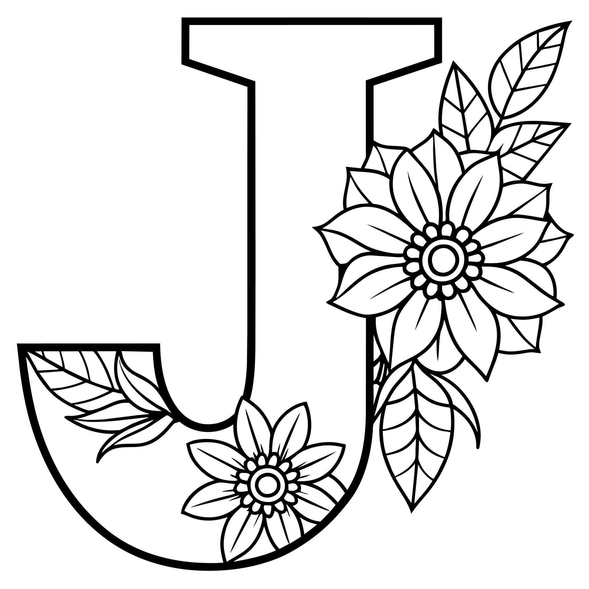 Alphabet J coloring page with the flower, J letter digital outline floral coloring page, ABC ...