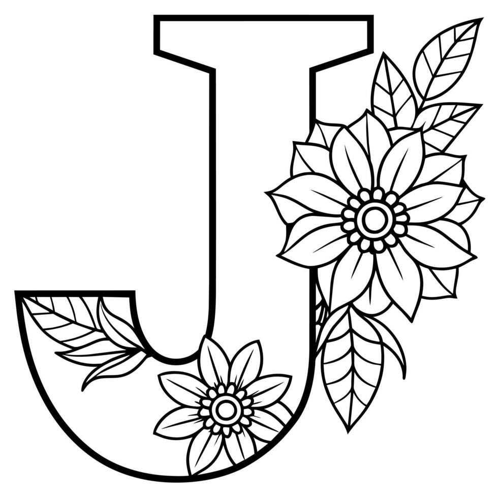 Alphabet J coloring page with the flower, J letter digital outline floral coloring page, ABC ...