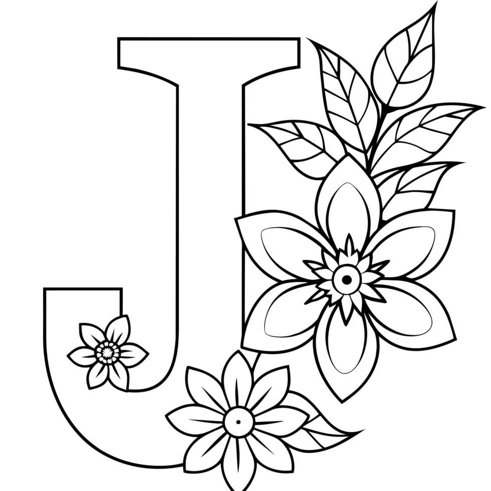 Alphabet J coloring page with the flower, J letter digital outline floral coloring page, ABC ...