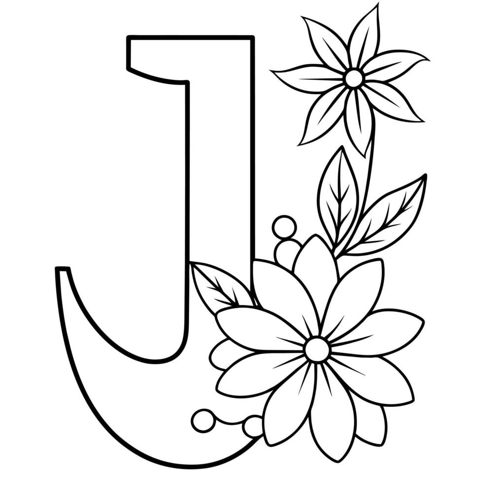Alphabet J coloring page with the flower, J letter digital outline floral coloring page, ABC ...